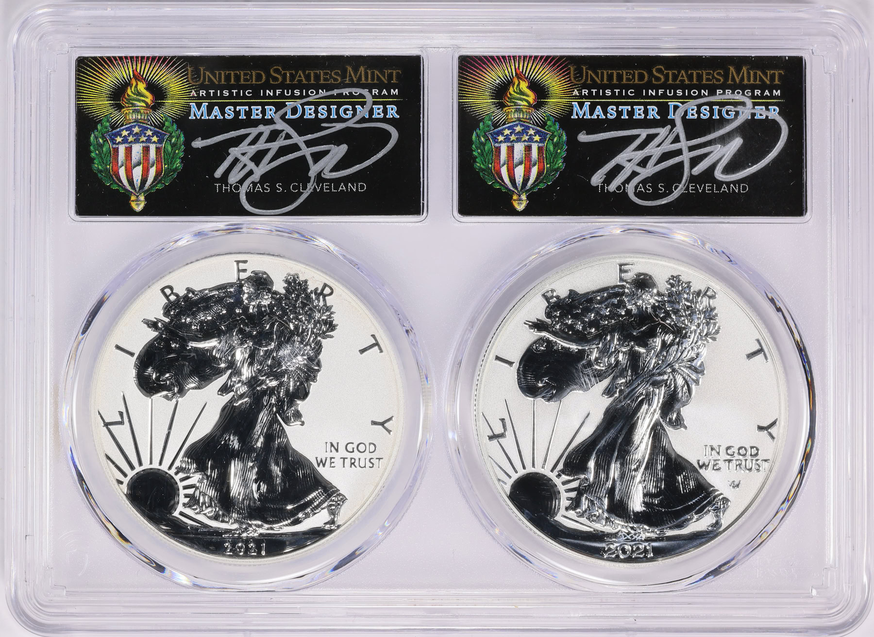 2021-W and 2021-S $1 Silver Eagle Type 1 and Type 2 - Designer Edition Reverse Proof Set First ...