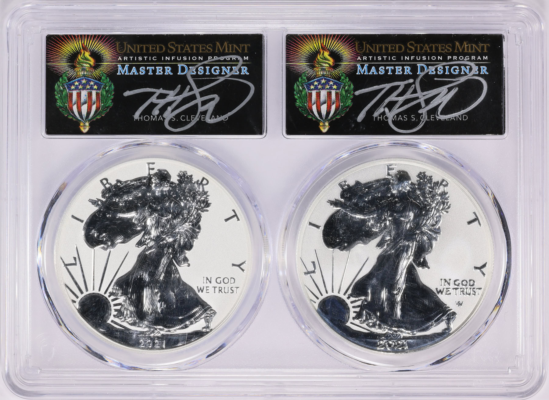 2021-W and 2021-S $1 Silver Eagle Type 1 and Type 2 - Designer Edition Reverse Proof Set First ...