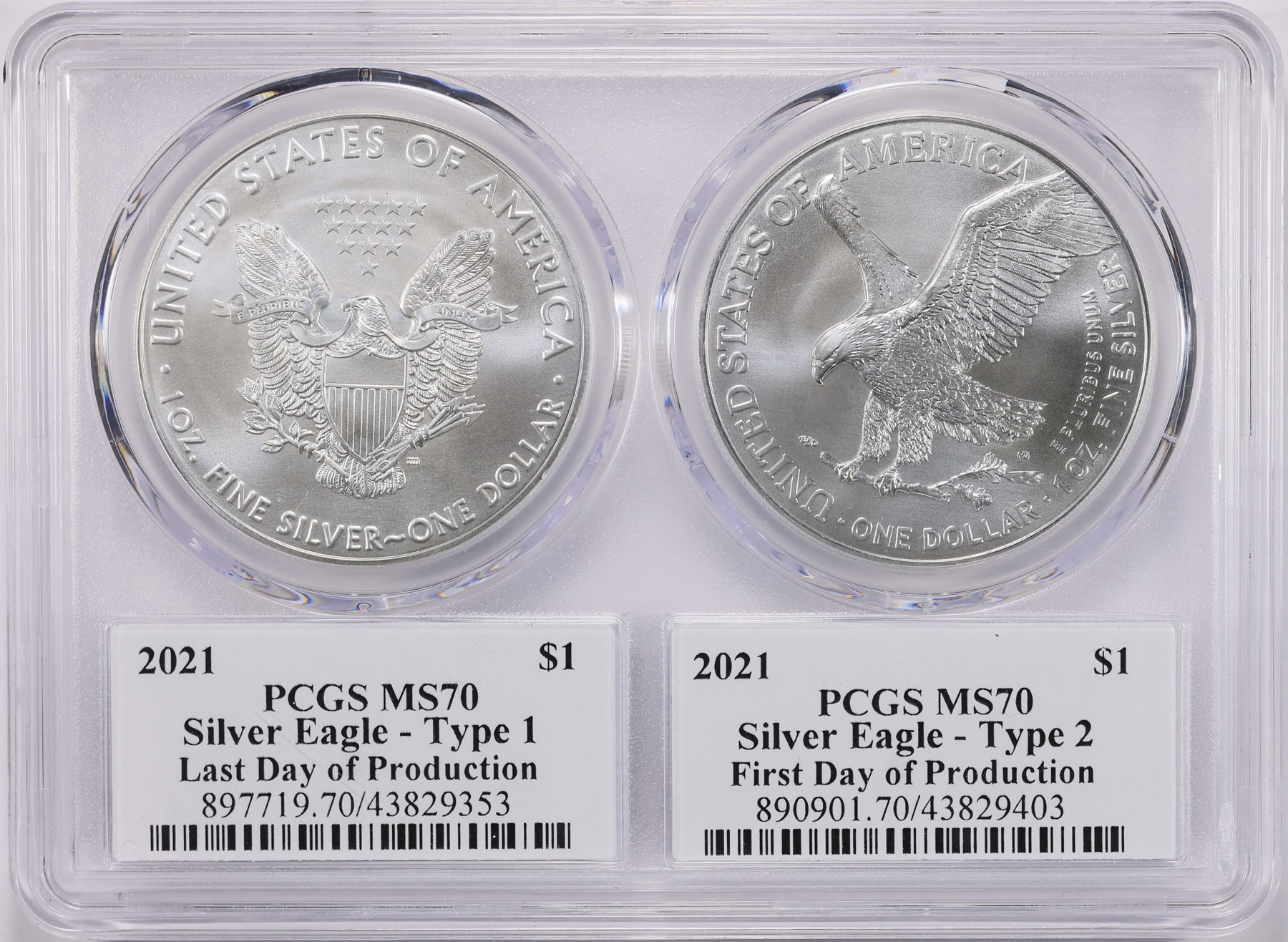 2021 $1 Silver Eagle Type 1 and Type 2 Set Last/First Day of Production ...