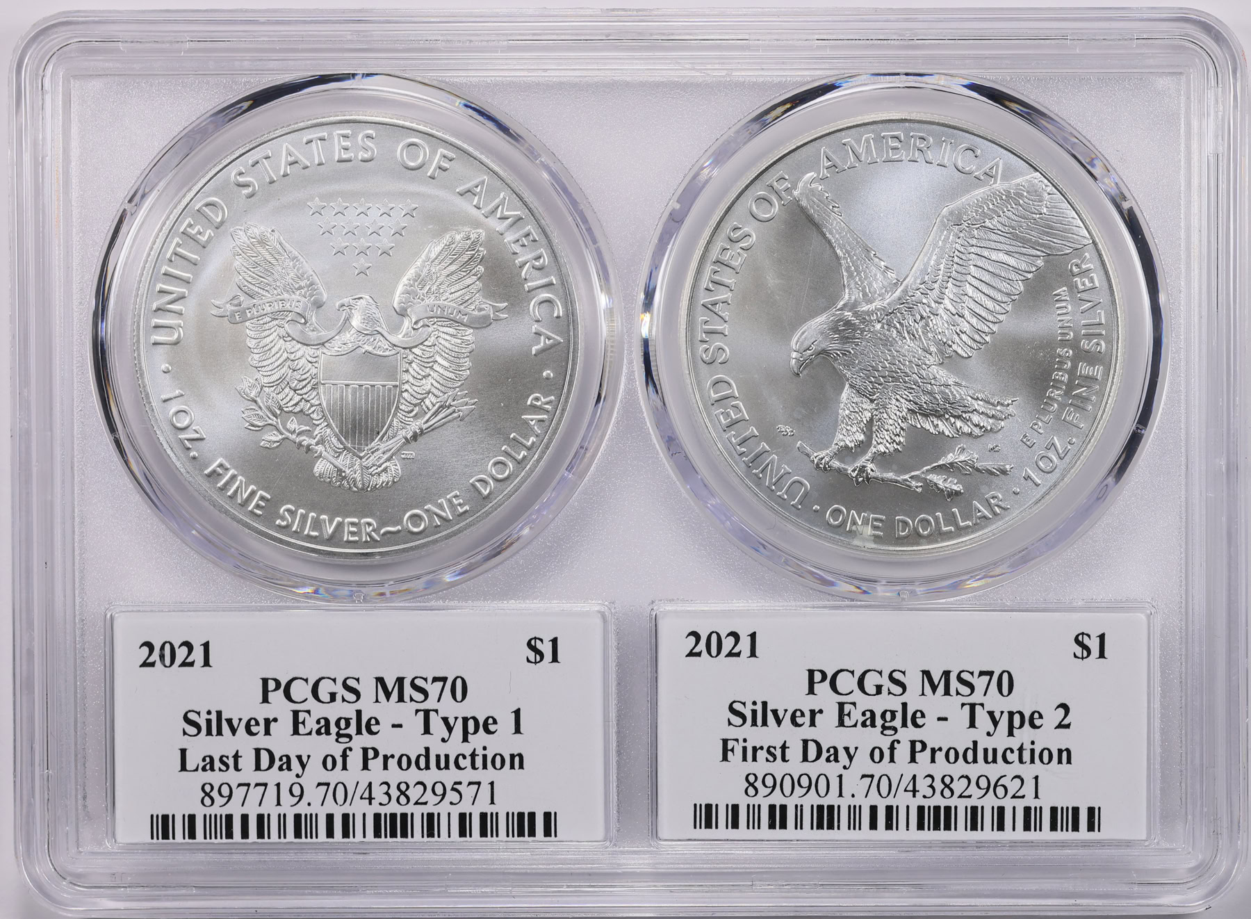 2021 $1 Silver Eagle Type 1 and Type 2 Set Last/First Day of Production ...