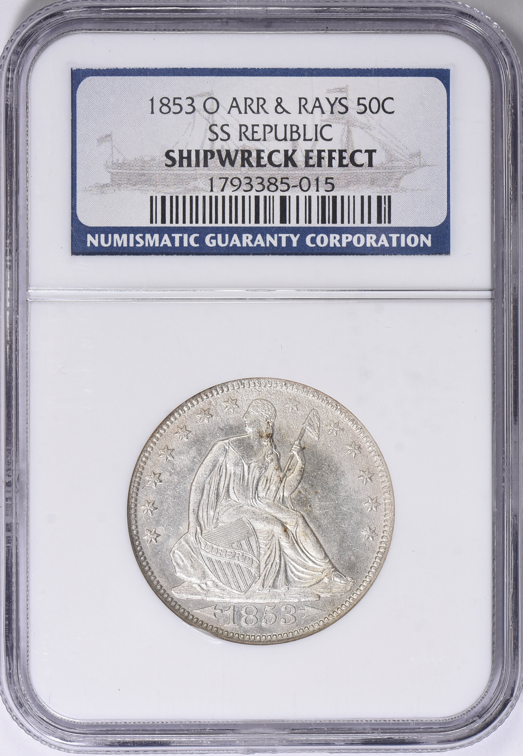 1853-O Seated Liberty Half Dollar Arrows and Rays Shipwreck SS Republic NGC Certified (Item ...