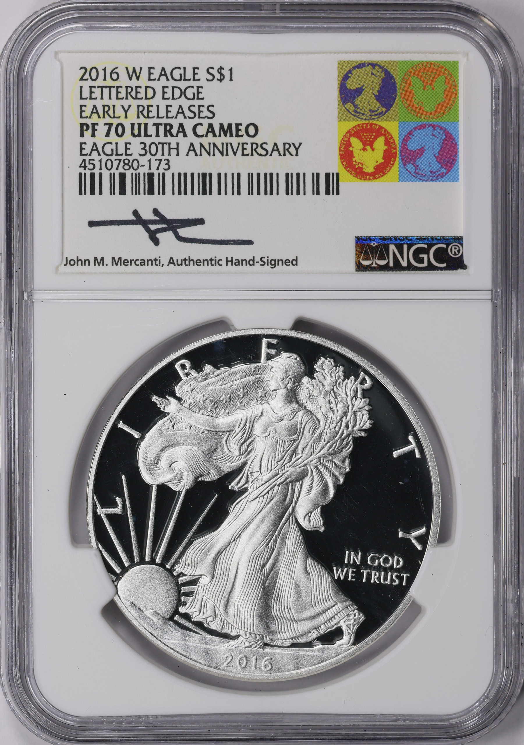 2016-W $1 Silver Eagle 30th Anniversary Early Releases Lettered Edge NGC Proof-70 UC (Mercanti ...