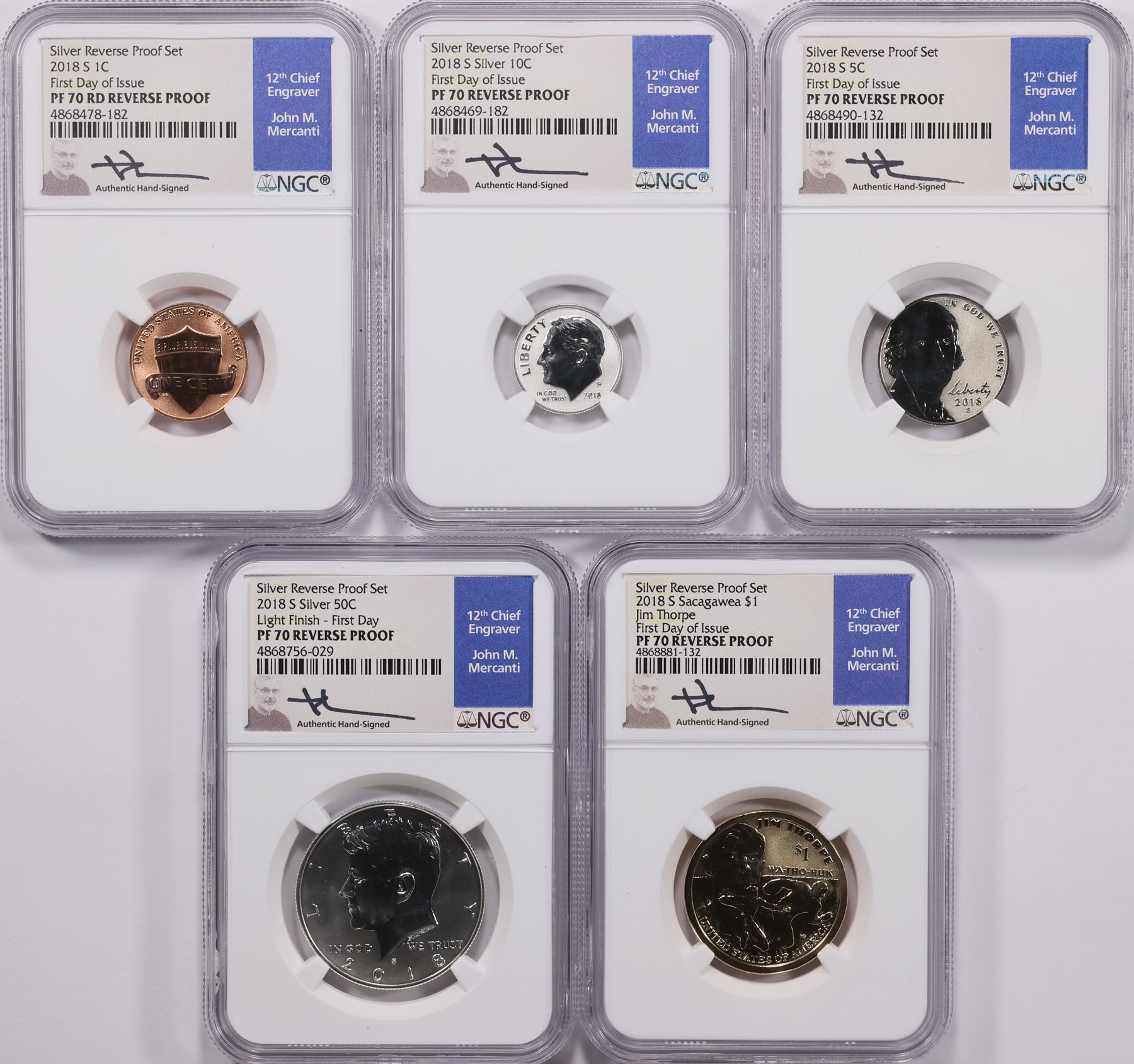 2018-S 1c-$1 Silver Reverse Proof Set First Day of Issue NGC Proof-70 ...