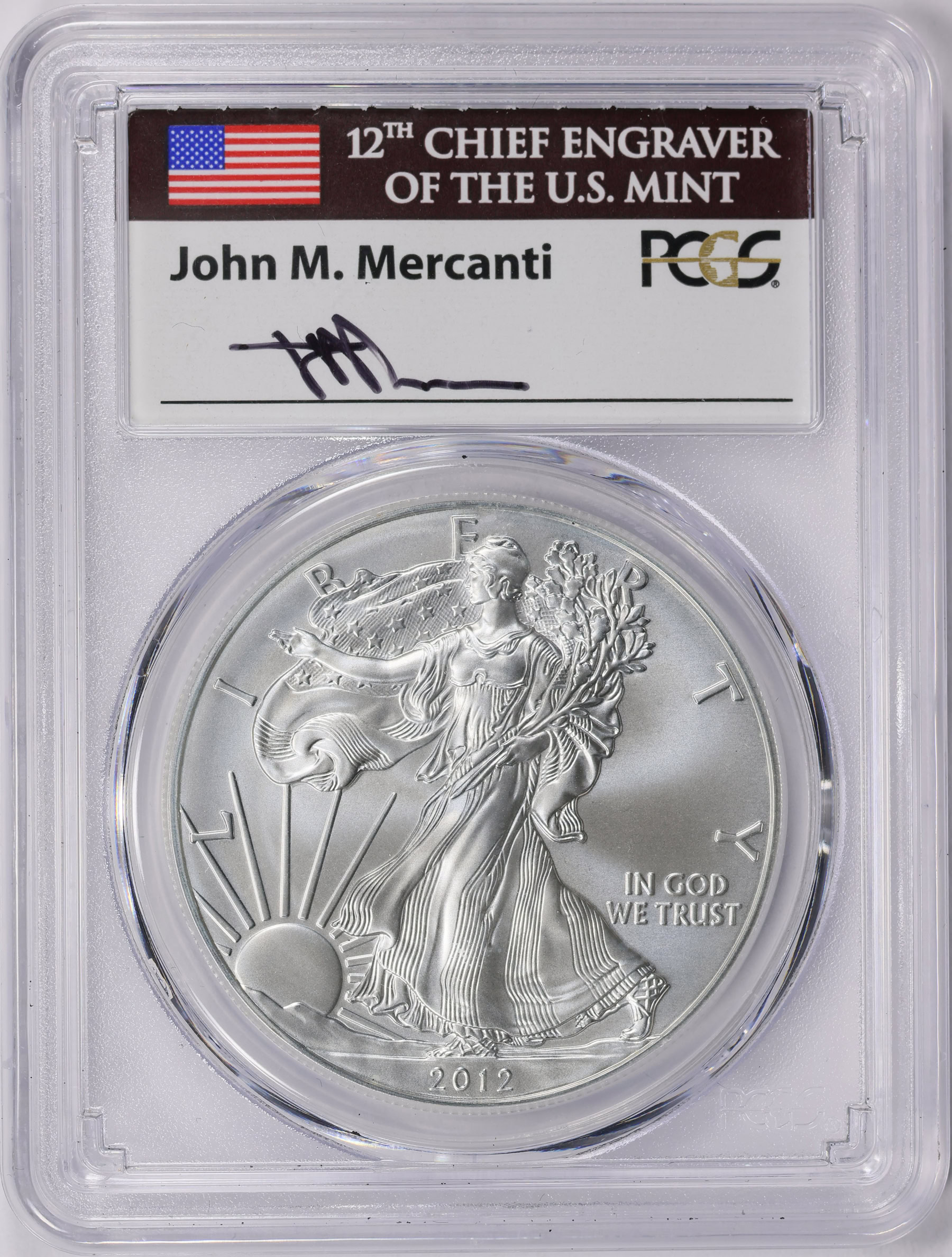 2012-W $1 Silver Eagle Burnished First Strike PCGS SP-70 (Mercanti Signed Flag Label) (Item ...