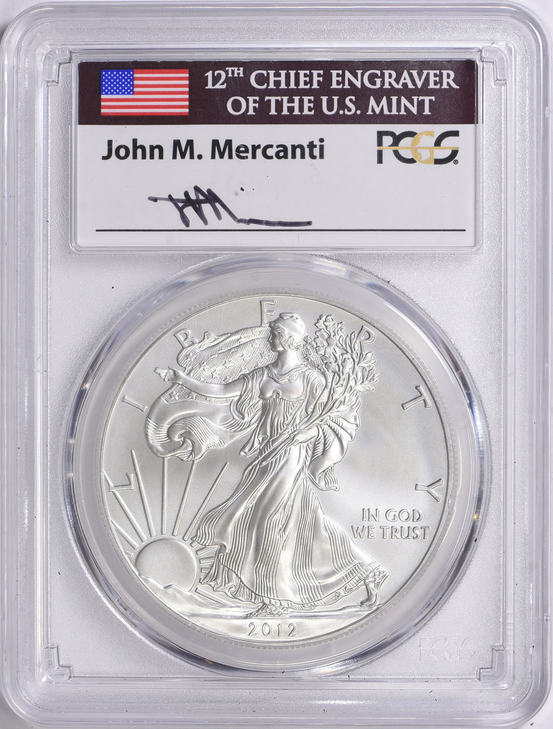 2012-W $1 Silver Eagle Burnished PCGS SP-70 (Mercanti Signed Flag Label) (Item 1694991 ...