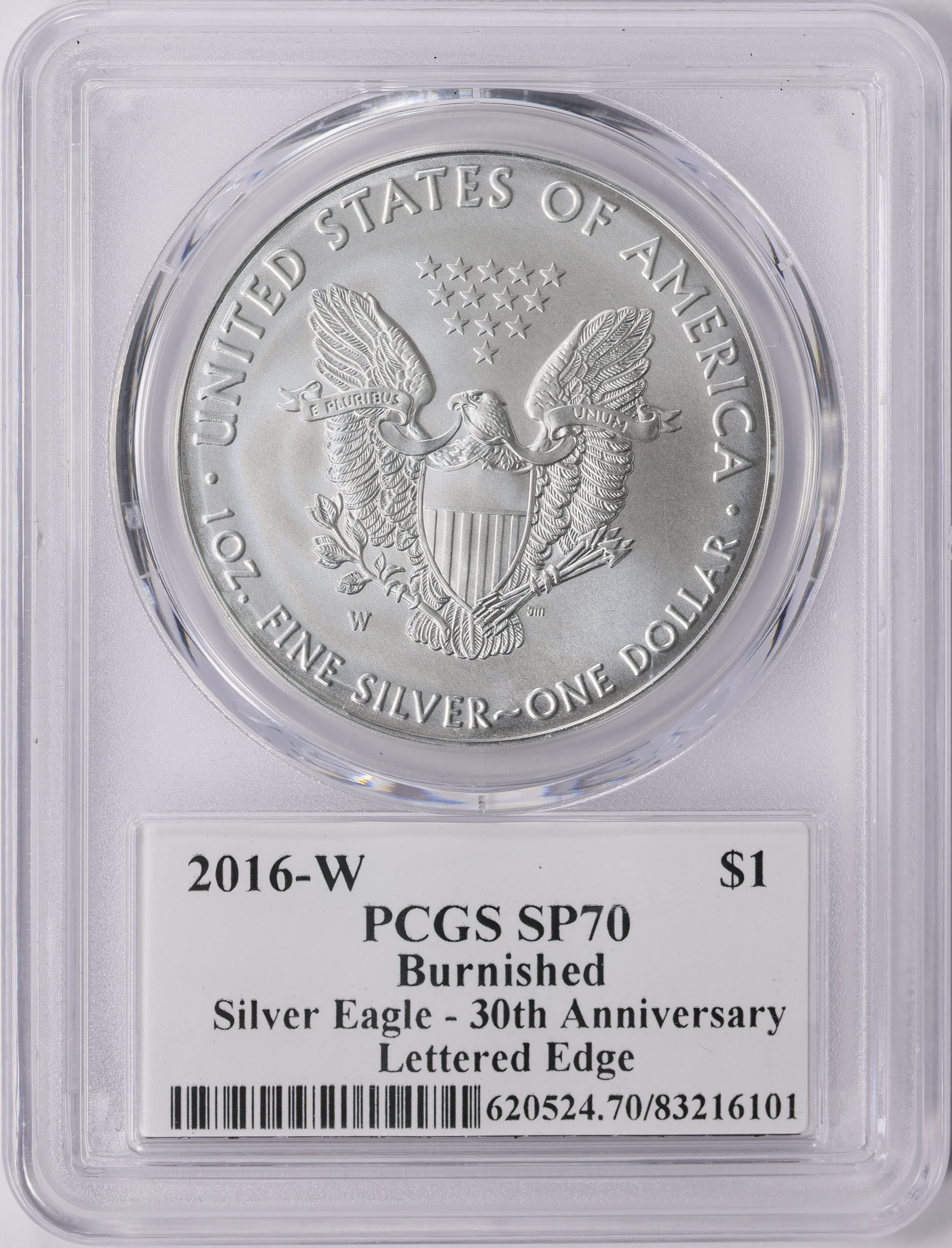 2016-W $1 Silver Eagle Burnished 30th Anniversary Lettered Edge PCGS SP-70 (Mercanti Signed Flag ...
