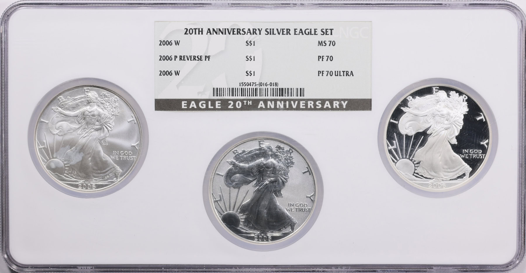 2006 $1 Silver Eagle 20th Anniversary Set Including Reverse Proof NGC MS-70/Proof-70/Proof-70 UC ...