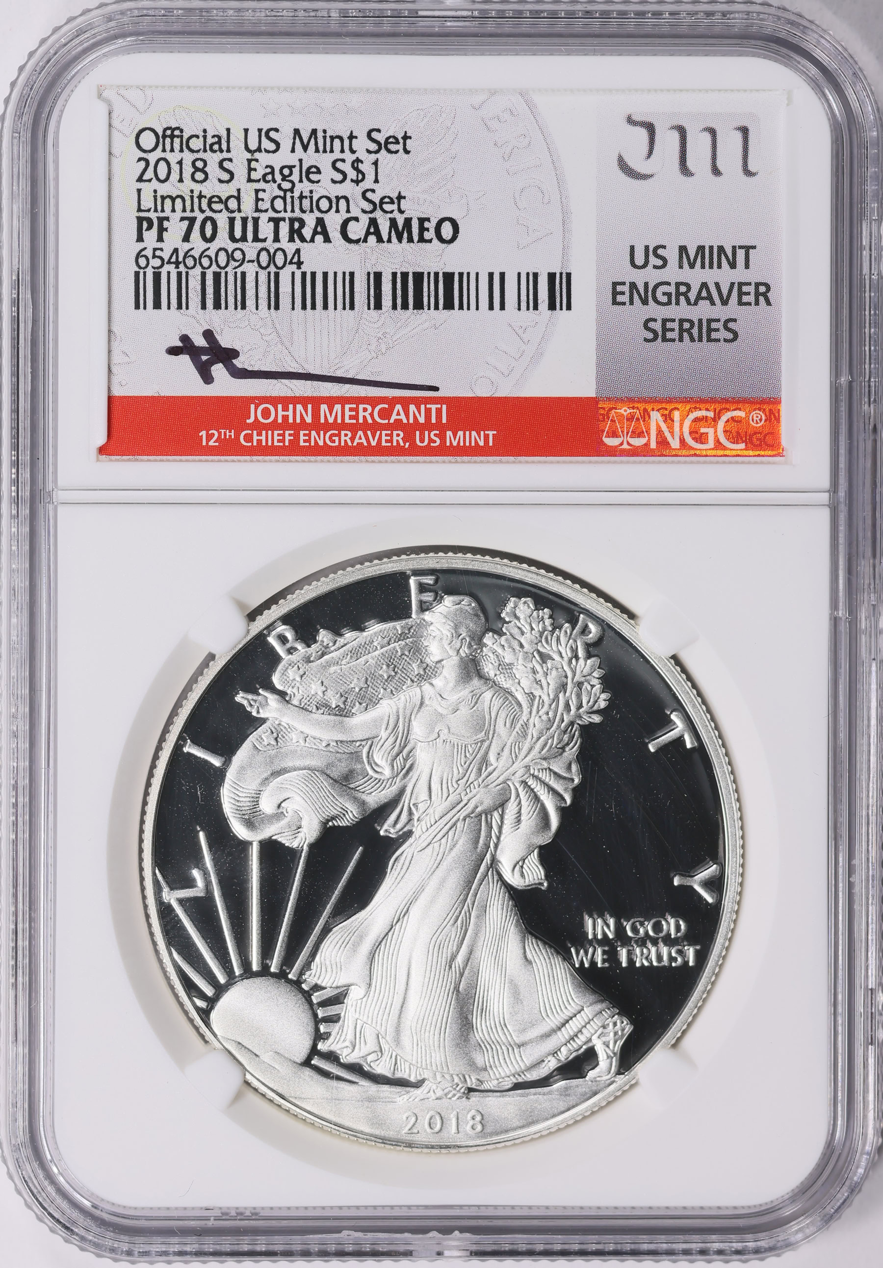 2018-S $1 Silver Eagle From the Limited Edition Proof Set NGC Proof-70 UC (Mercanti Signed Label ...