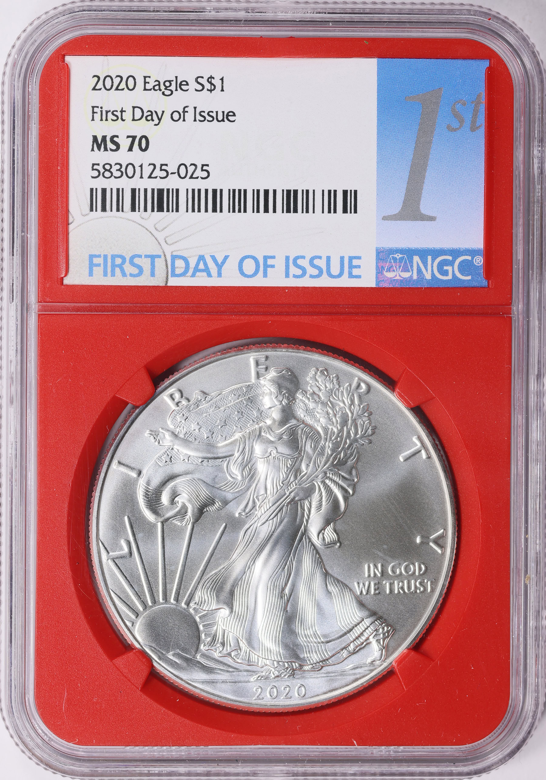 2020 $1 Silver Eagle First Day of Issue NGC MS-70 (Red Frame Holder) (Item 1695315 ...