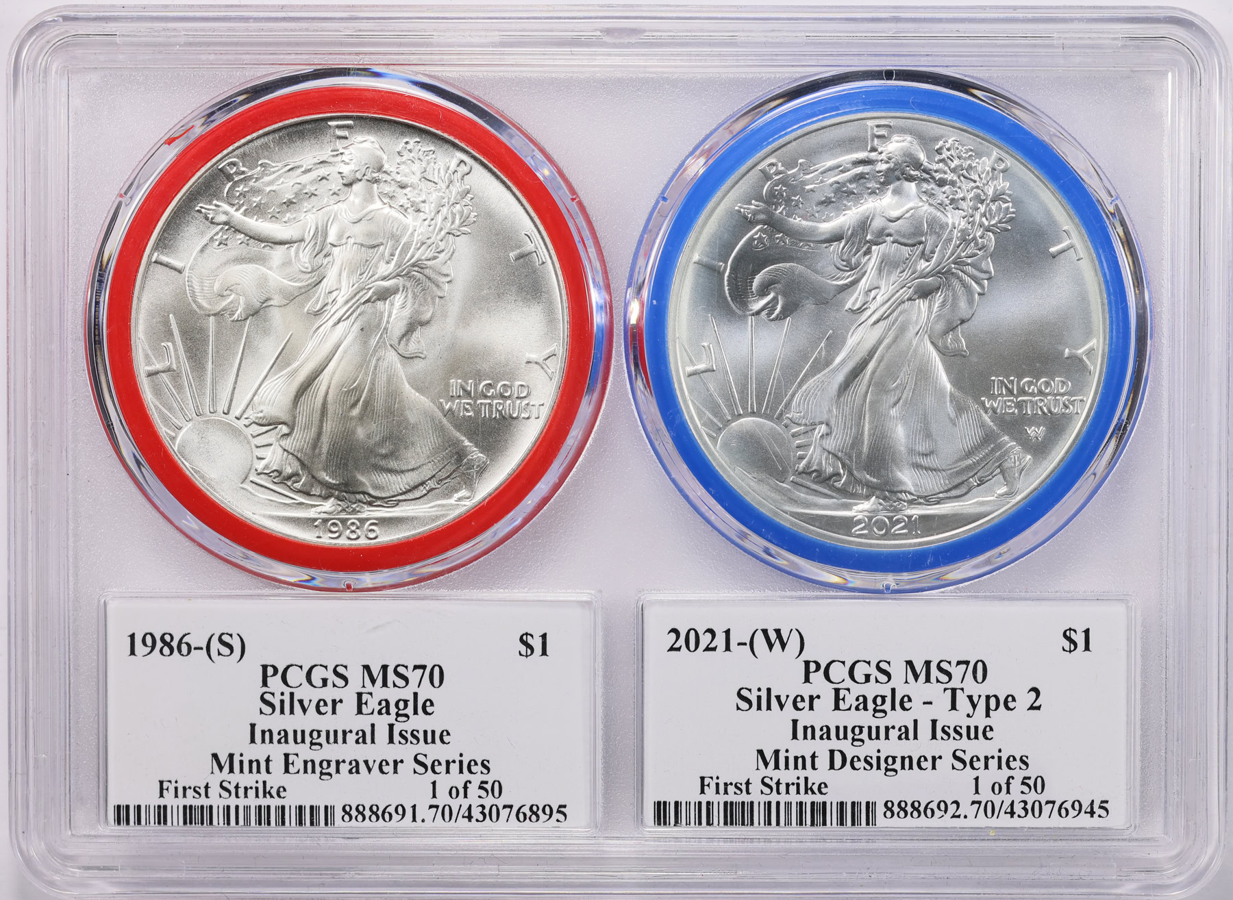 1986-(S) and 2021-(W) $1 Silver Eagle First Strike Inaugural Issue PCGS ...