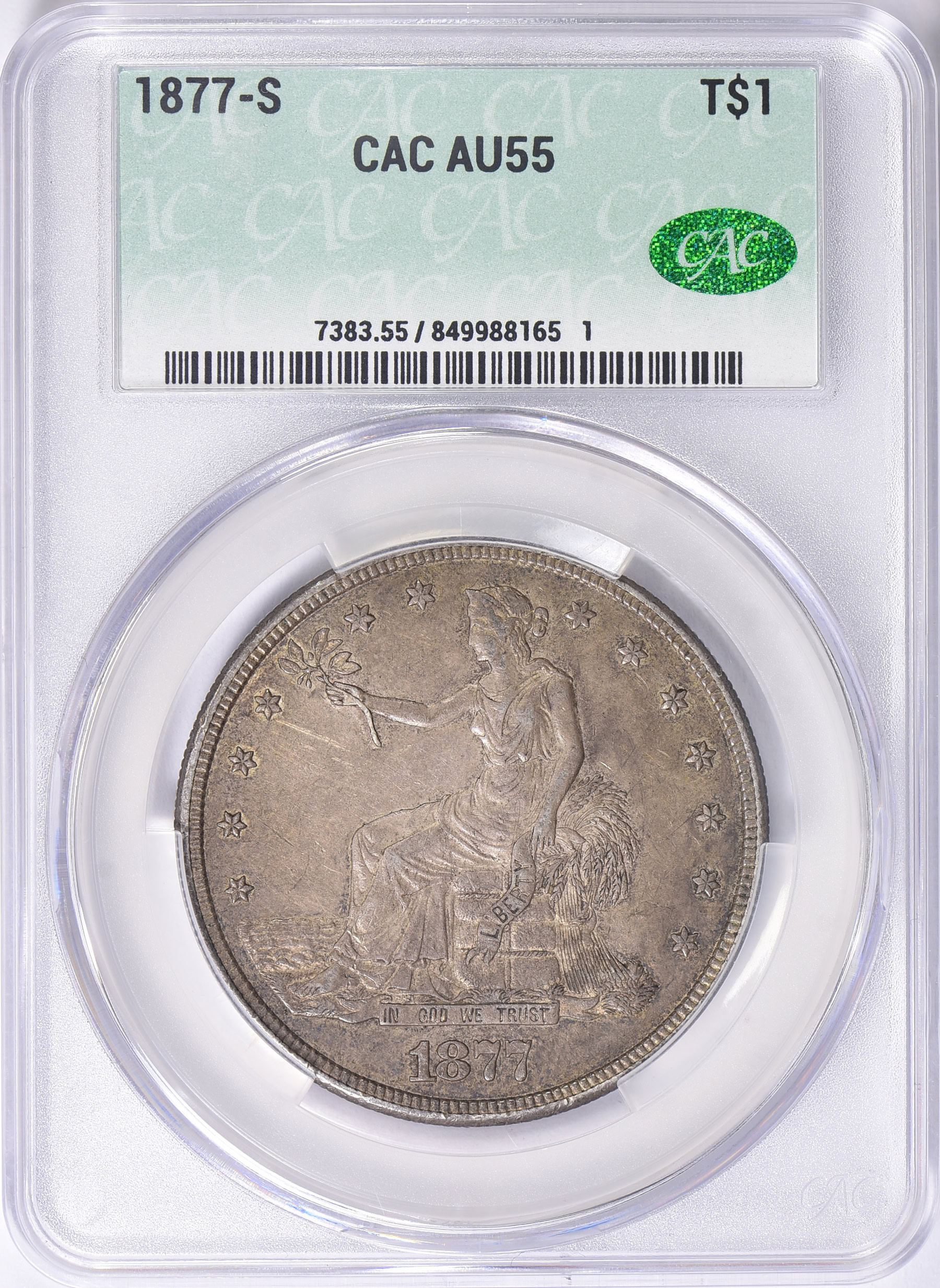 1877-S Trade Silver Dollar CACG AU-55 (Toned) (Item 1695428) | GreatCollections Coin Auctions