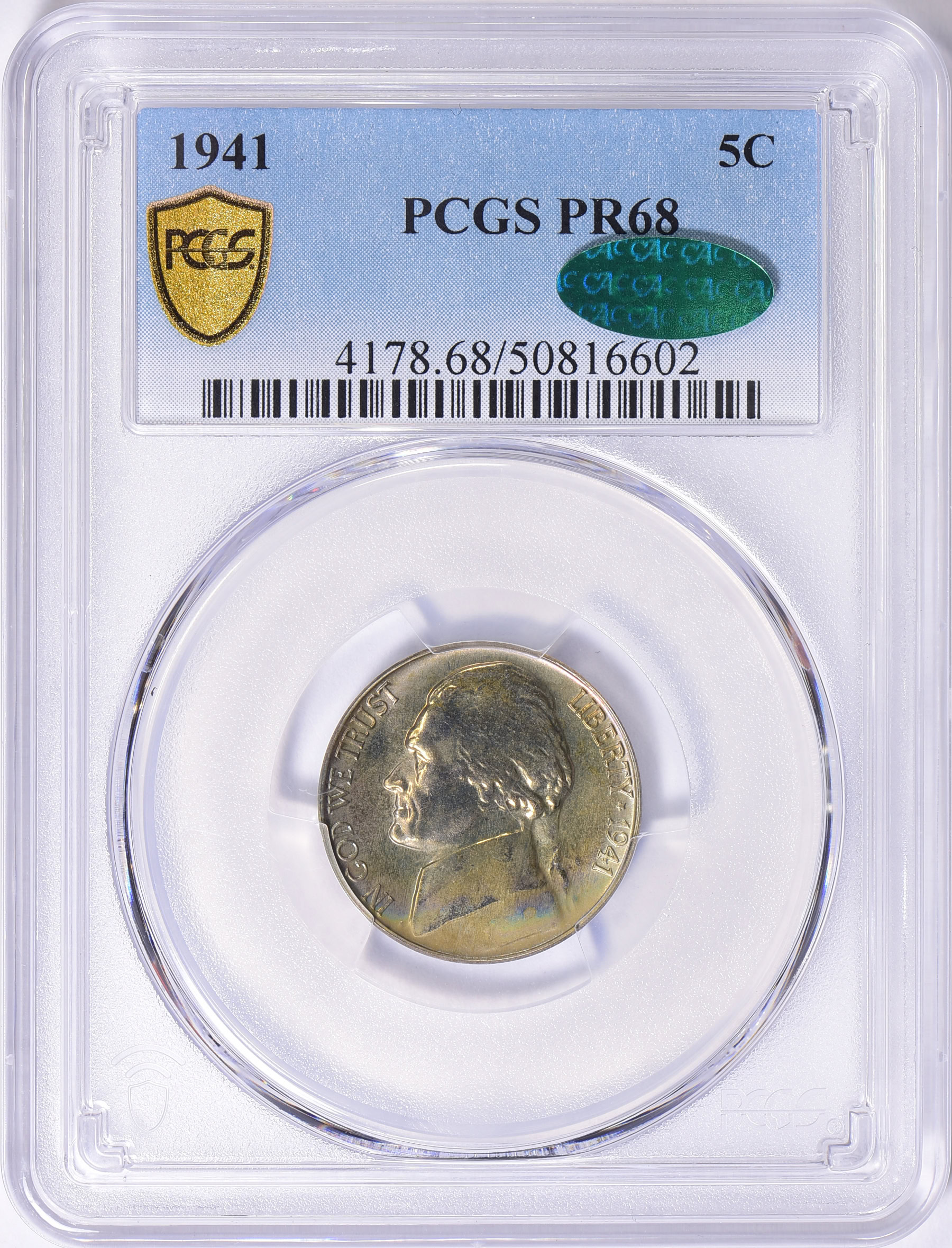 1941 Jefferson Nickel PCGS Proof-68 (CAC Green) (Toned) (Item 1695472 ...