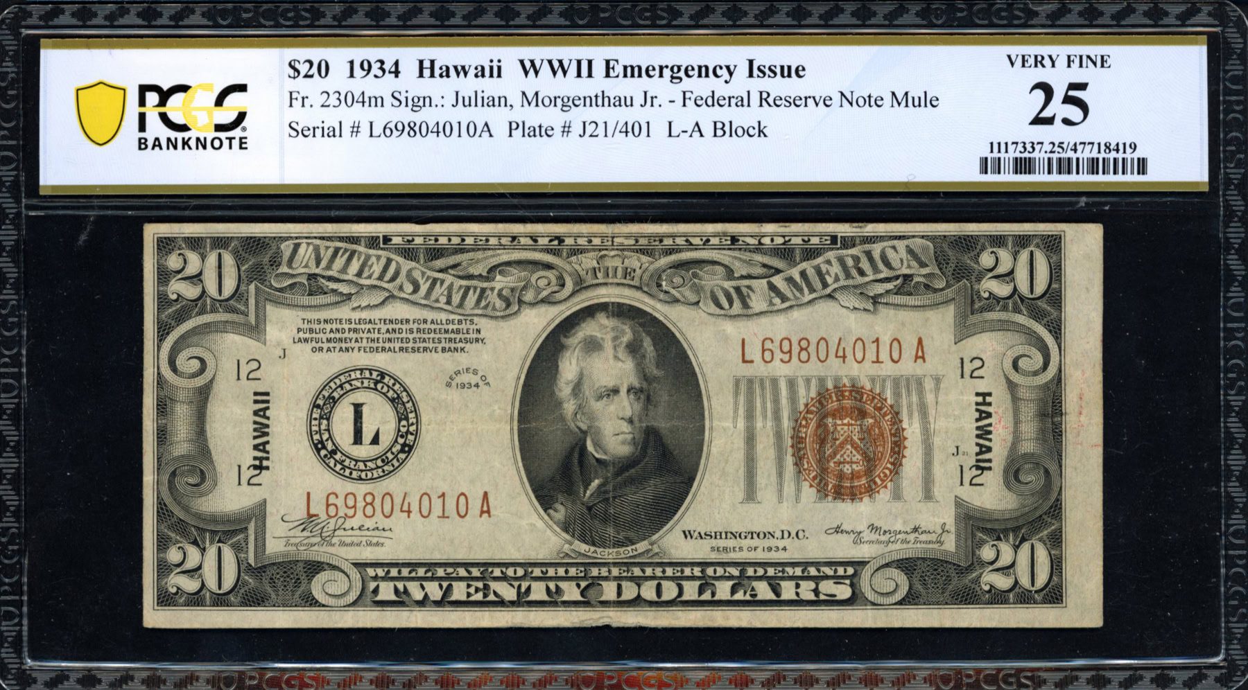 Fr. 2304m (LA Block) 1934 $20 Hawaii WWII Emergency Issue Mule Note ...