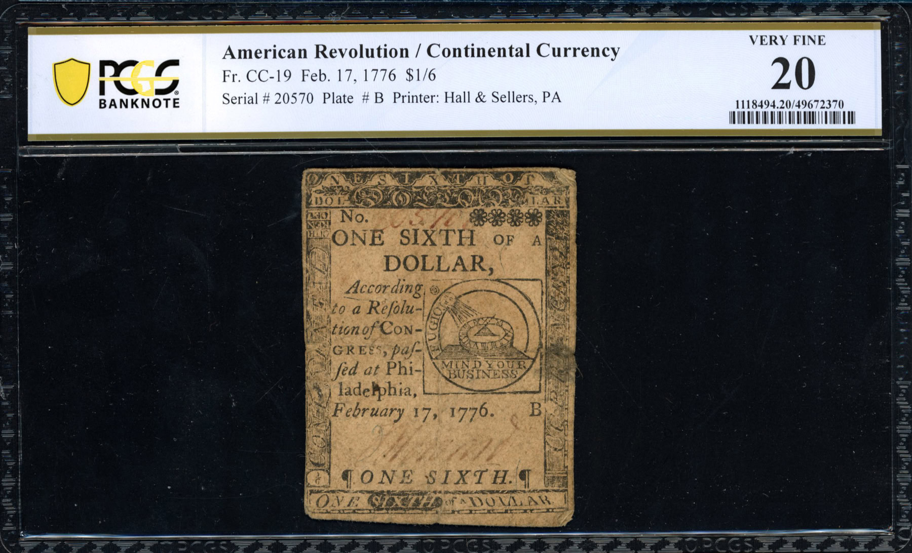 Fr. CC-19 February 17, 1776 $1/6 Continental Currency Note PCGS ...