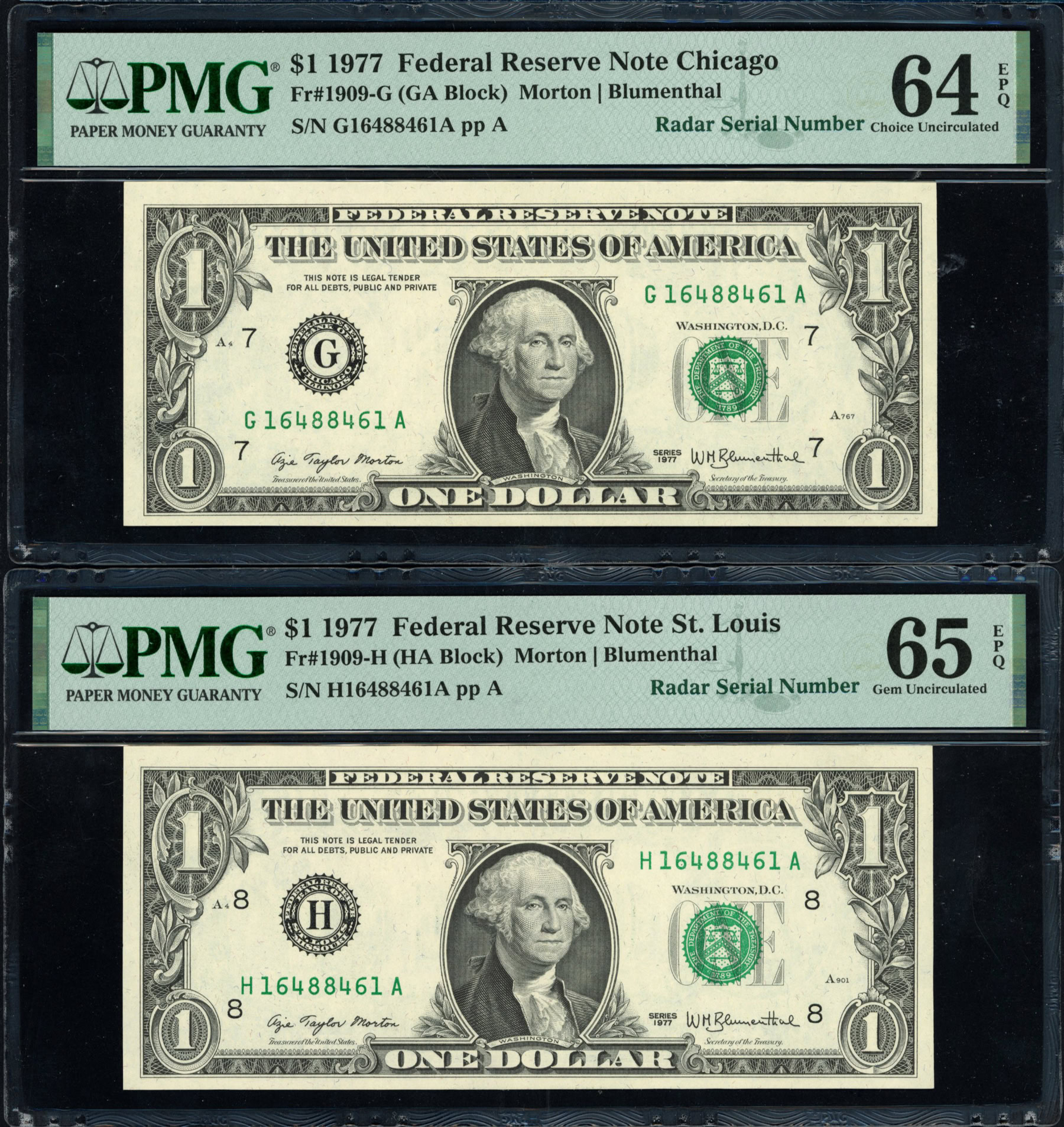 Fr. 1909-G/H (G/H A Blocks) 1977 $1 Federal Reserve Notes With Matching ...