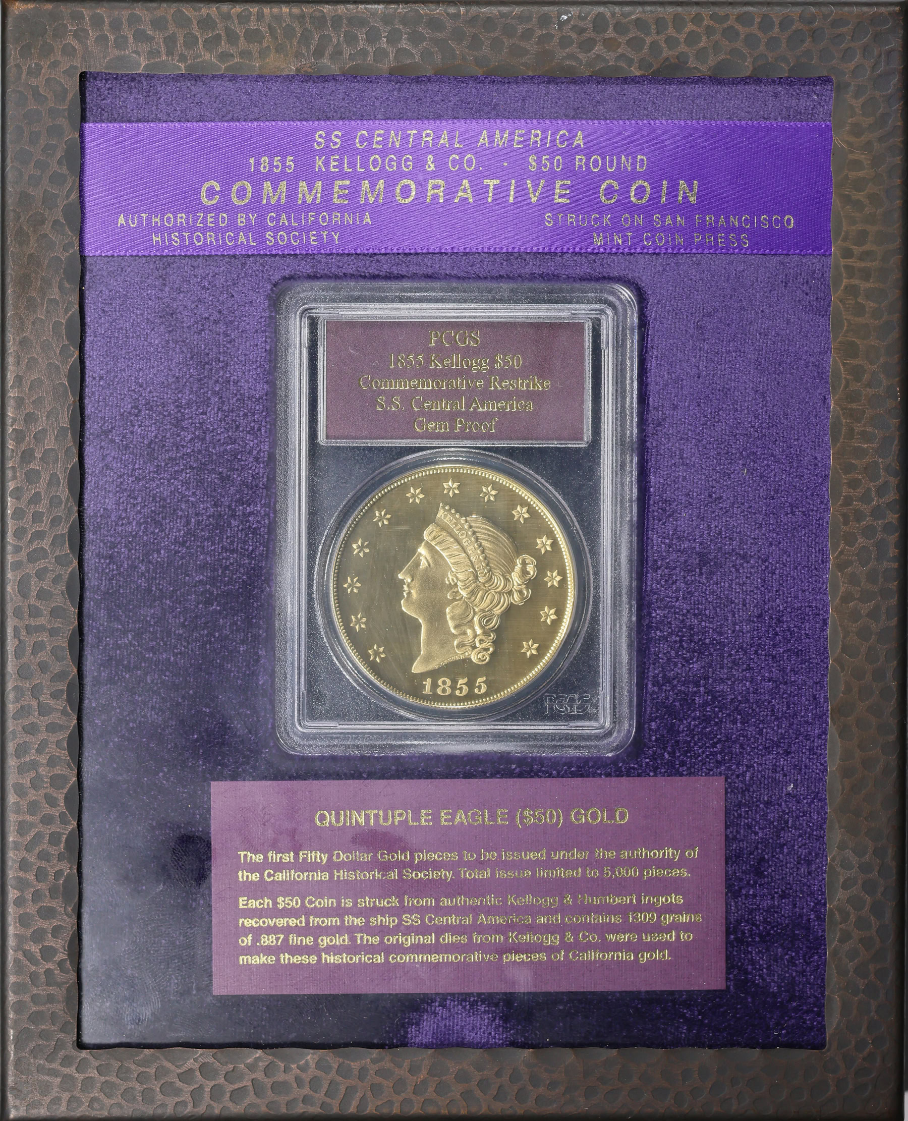 1855 Kellogg Gold $50 Commemorative Restrike Shipwreck S.S. Central ...