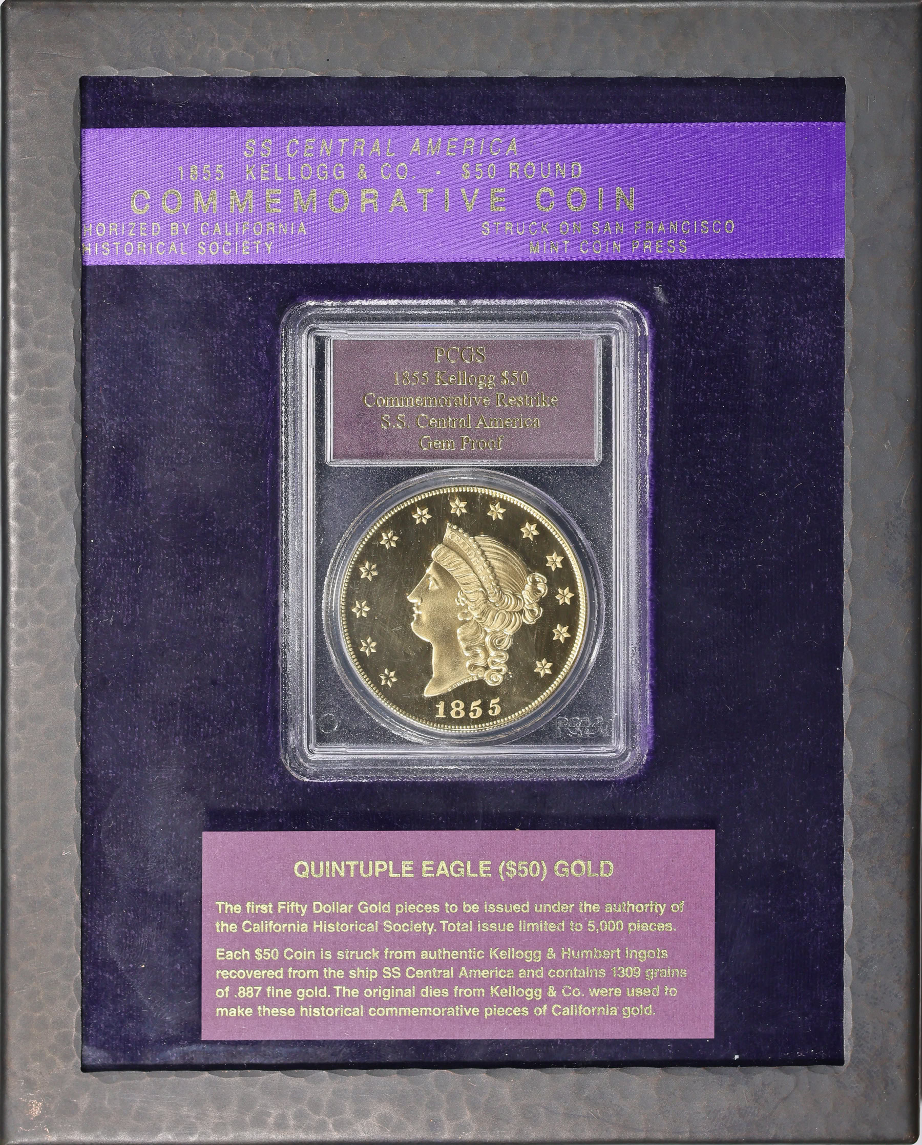 1855 Kellogg Gold $50 Commemorative Restrike Shipwreck S.S. Central ...