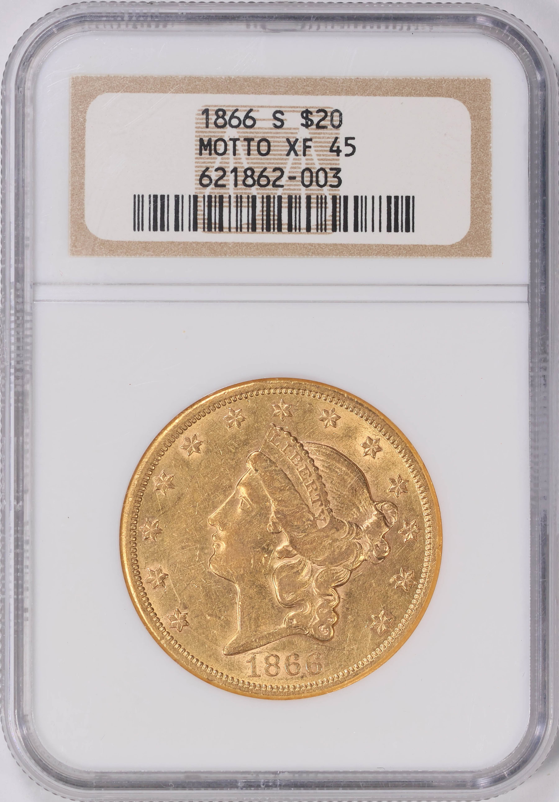 1866-S Liberty Gold Double Eagle Motto NGC XF-45 (Item 1696301) | GreatCollections Coin Auctions