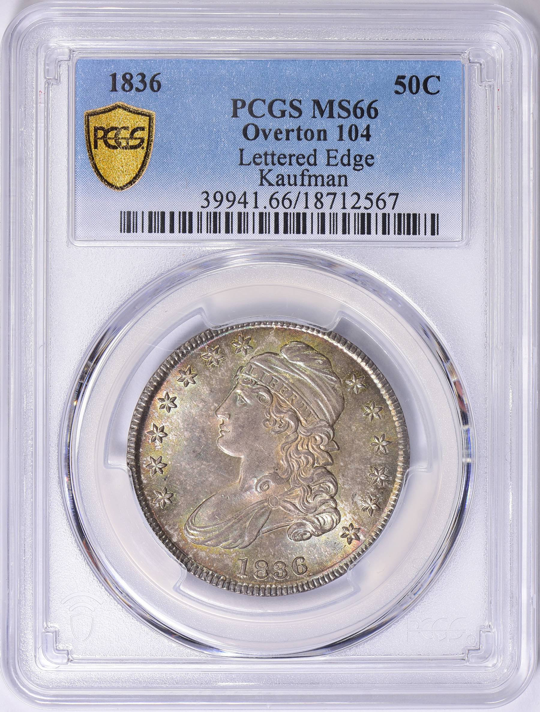 1836 Capped Bust Half Dollar Lettered Edge Overton 104 PCGS MS-66 ...