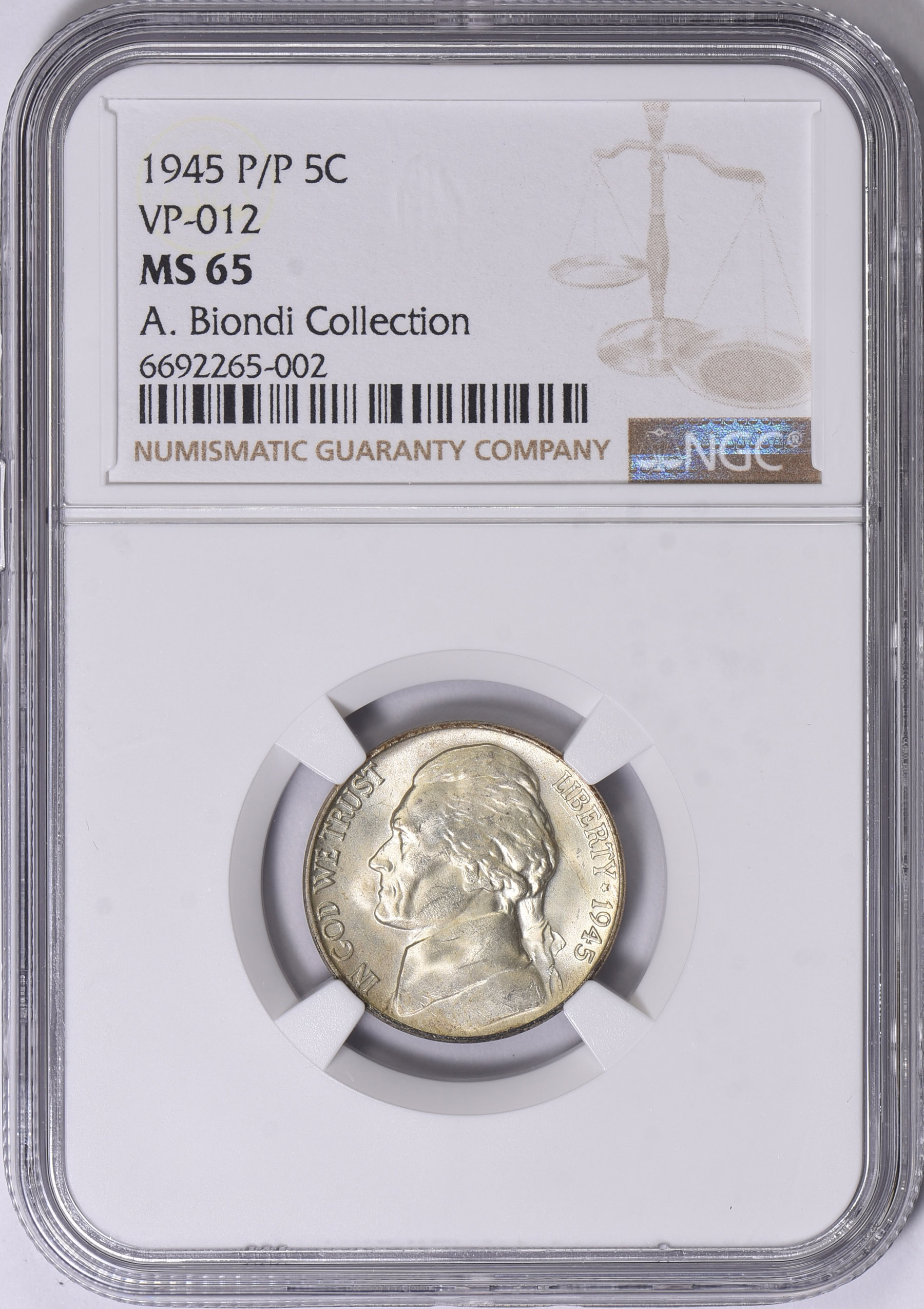 1945-P/P Jefferson Nickel VP-012 NGC MS-65 (A. Biondi Collection) (Item ...