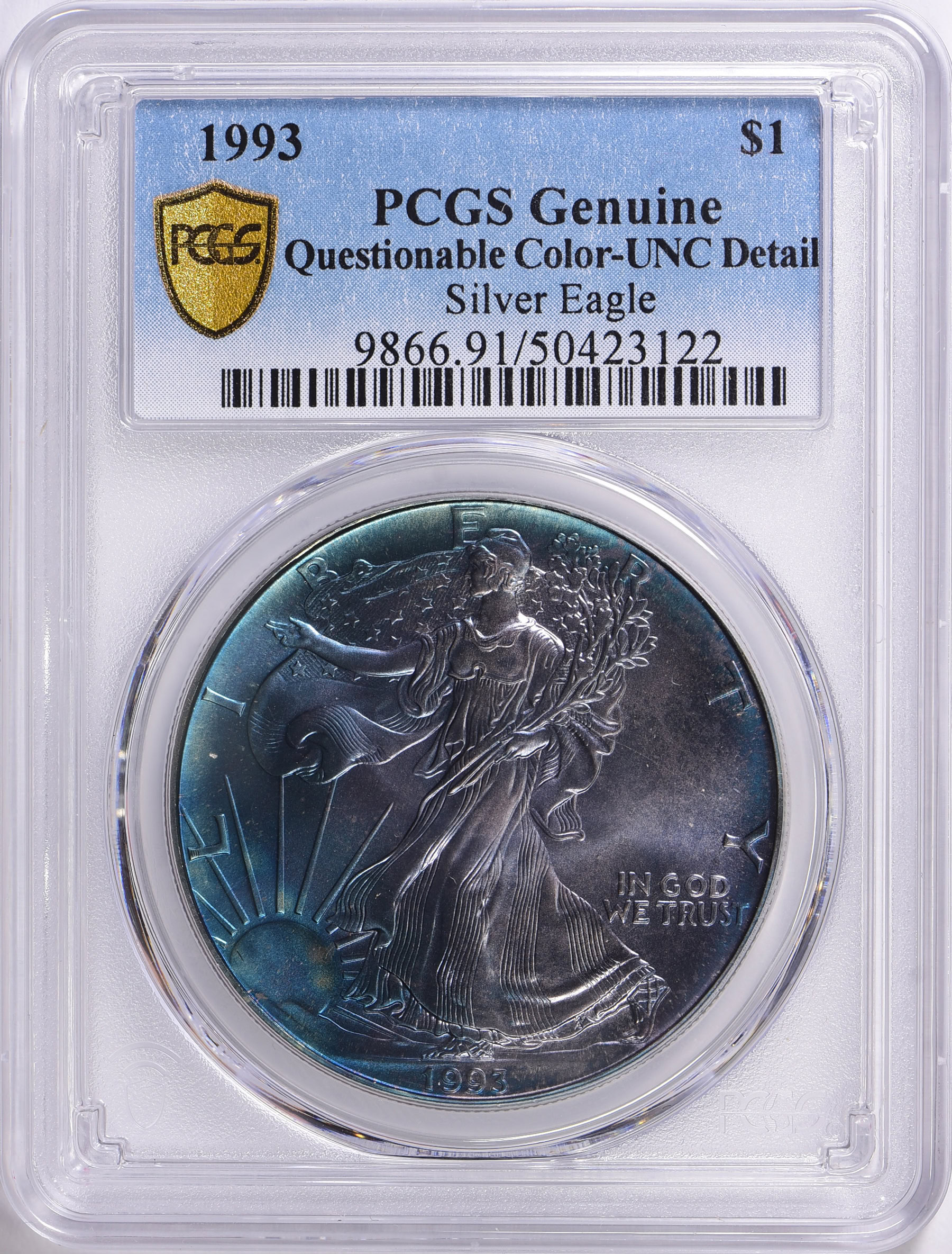 1993 $1 Silver Eagle PCGS Genuine Unc Details (Art. Toned) (Item ...