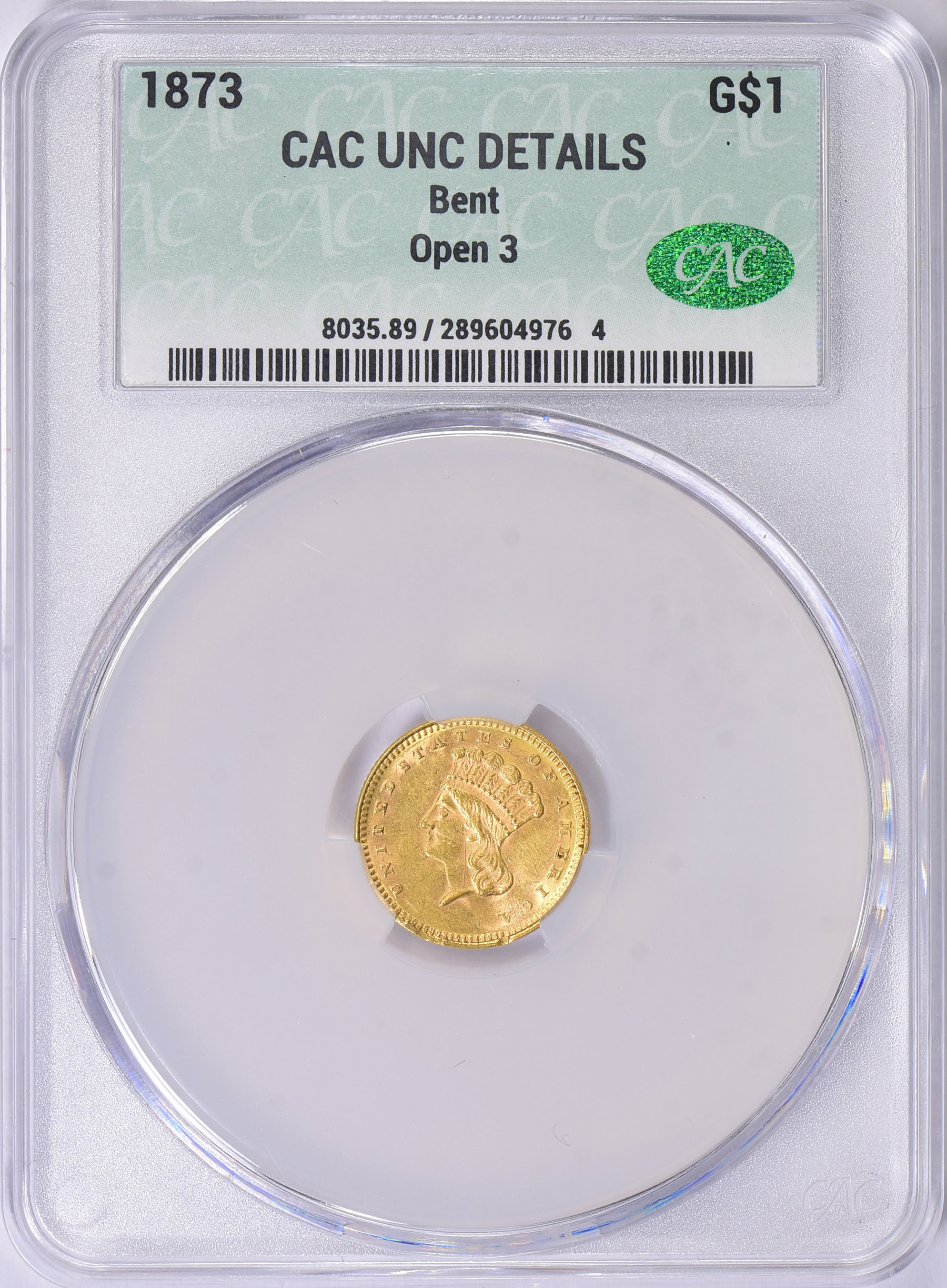 1873 Indian Princess Gold Dollar Open 3 CACG Unc Details (Item 1696540) | GreatCollections Coin ...