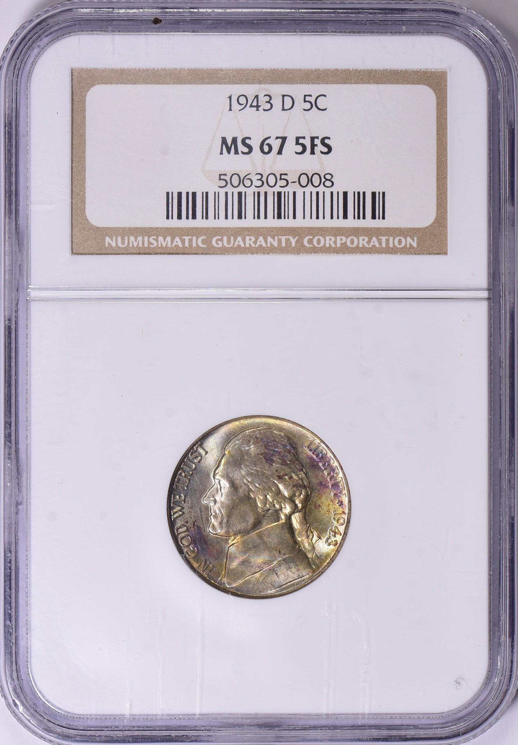 1943-D Jefferson Nickel NGC MS-67 5FS (Toned) (Item 1696570) | GreatCollections Coin Auctions