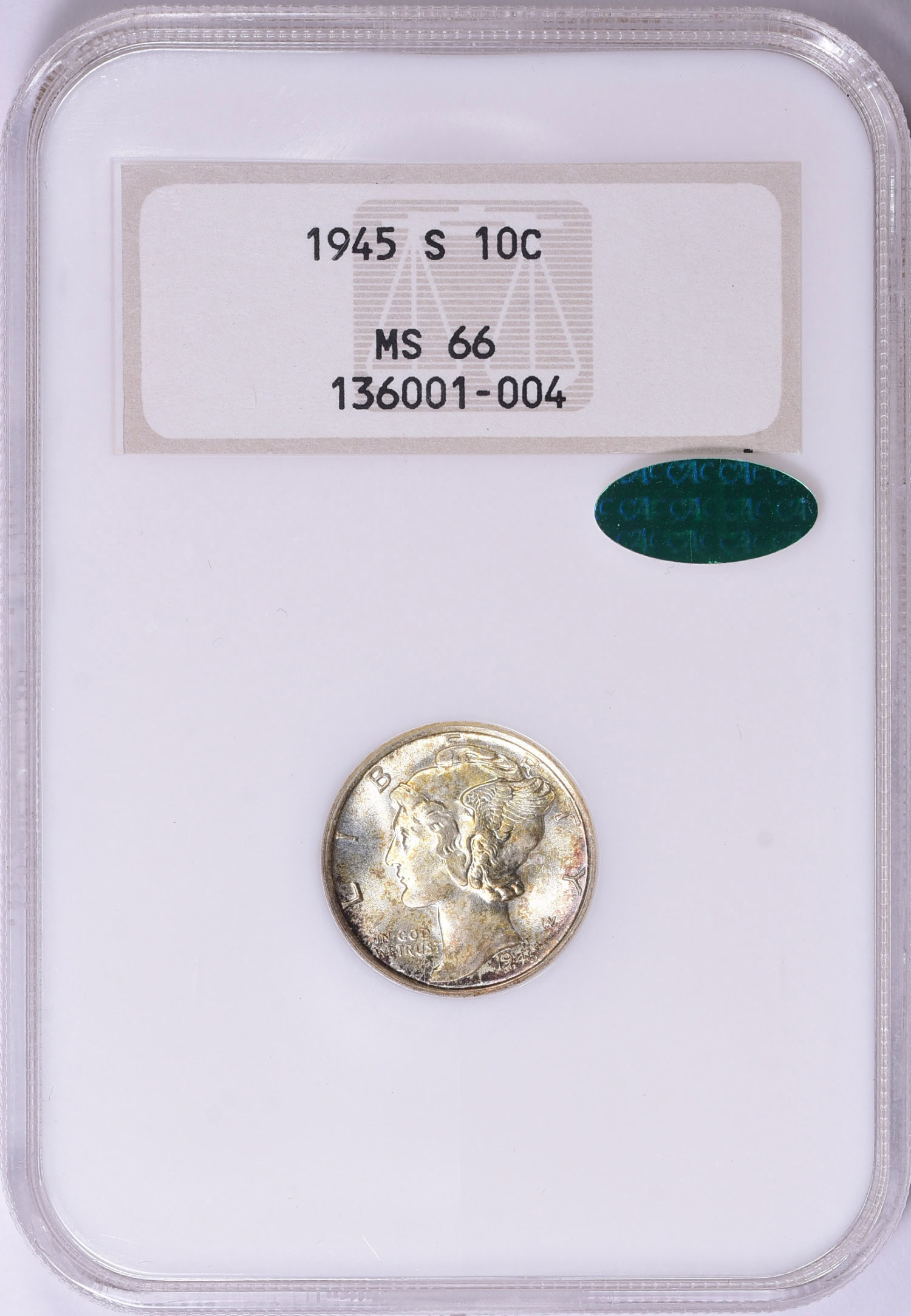 1945-S Mercury Dime NGC MS-66 (CAC Green) OH (Toned) (Item 1696694) | GreatCollections Coin Auctions