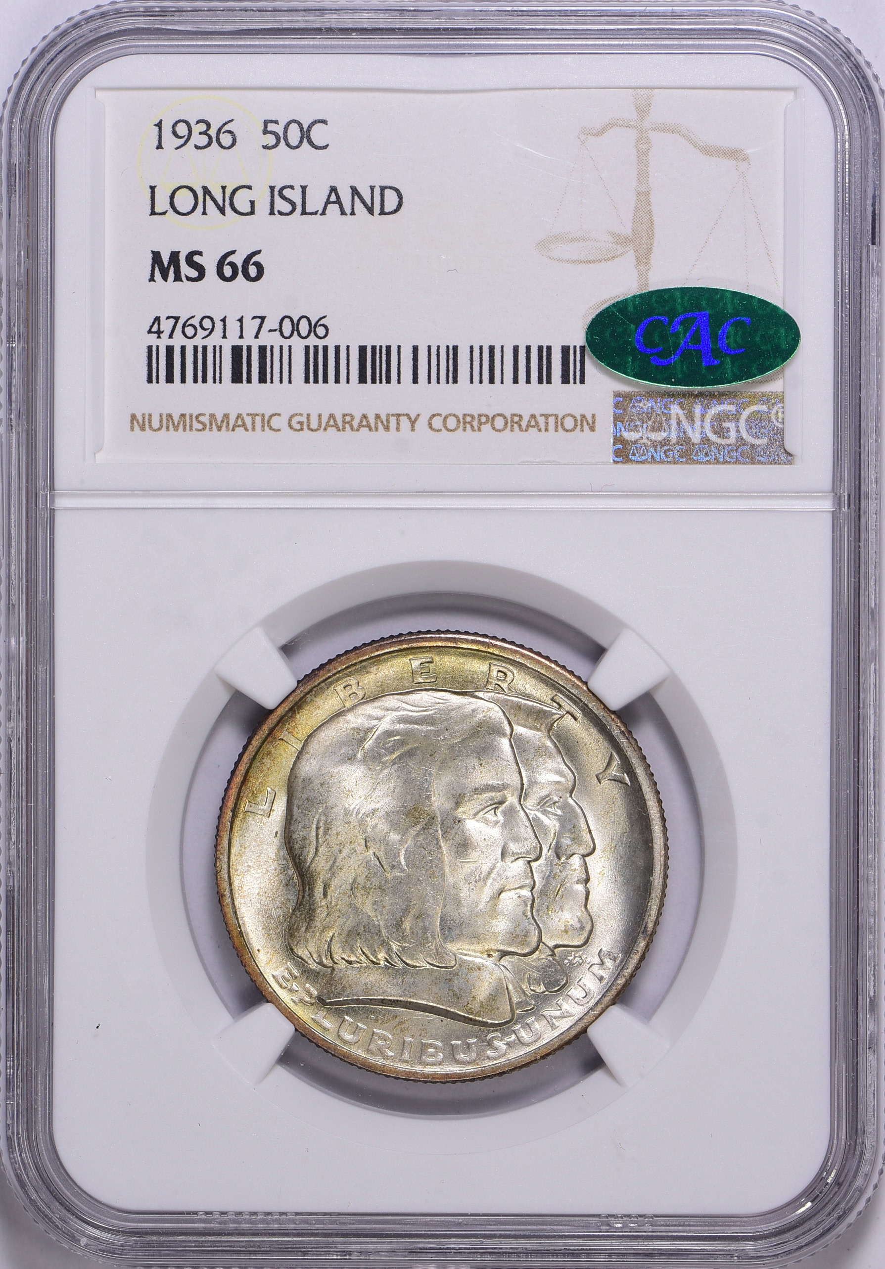 1936 Long Island Tercentenary Half Dollar NGC MS-66 (CAC Green) (Toned) (Item 1696705 ...