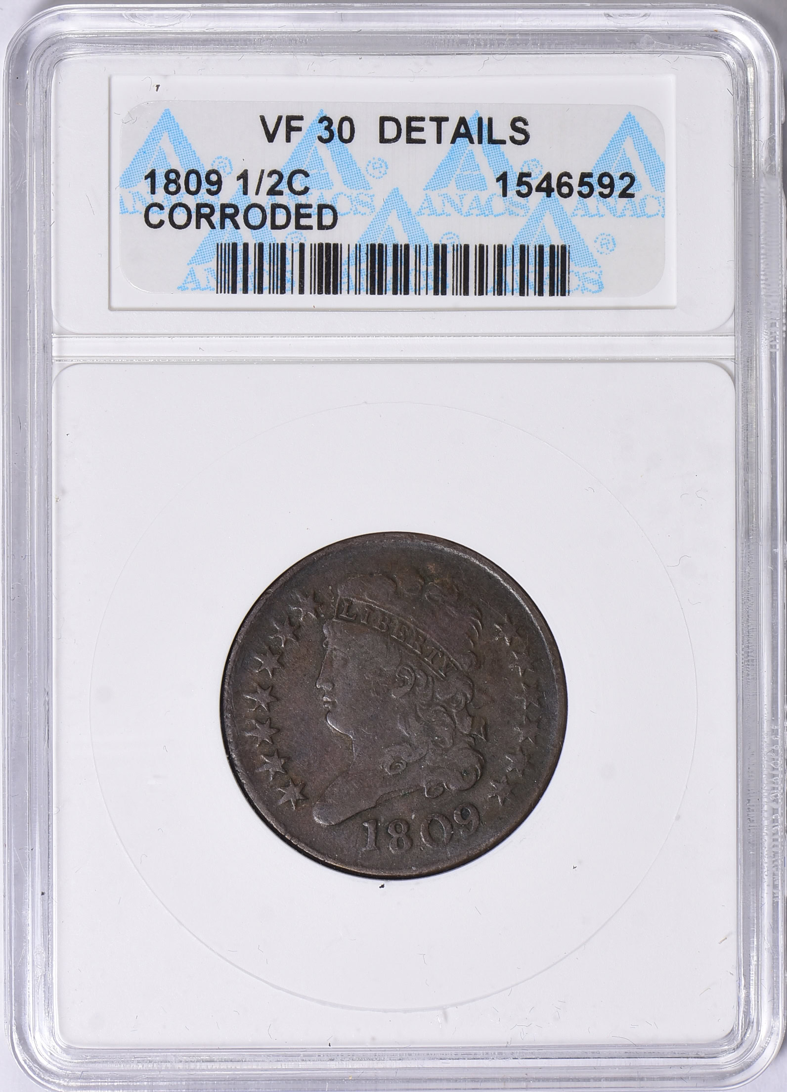 1809 Classic Half Cent ANACS VF-30 OH Details (Item 1696707) | GreatCollections Coin Auctions
