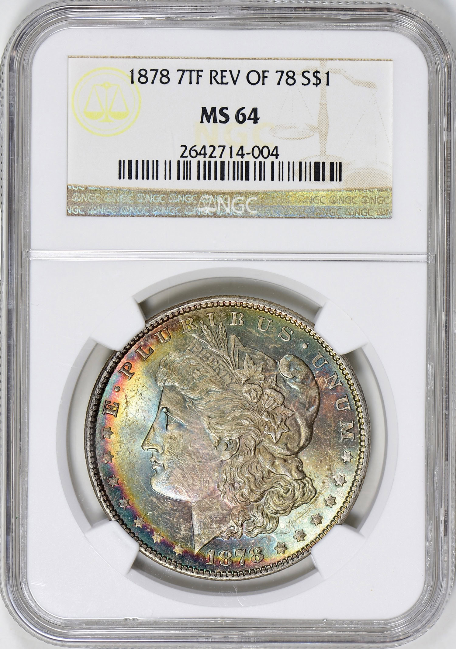 1878 Morgan Silver Dollar 7 Tailfeathers, Reverse of 1878 NGC MS-64 (Toned) (Item 1696878 ...