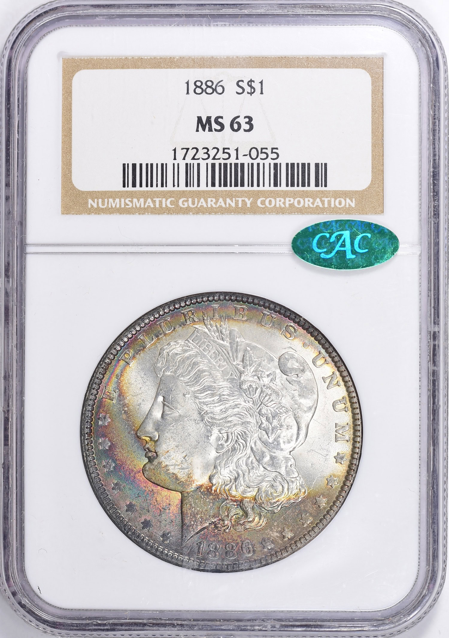 1886 Morgan Silver Dollar NGC MS-63 (CAC Green) (Toned) (Item 1696887) | GreatCollections Coin ...