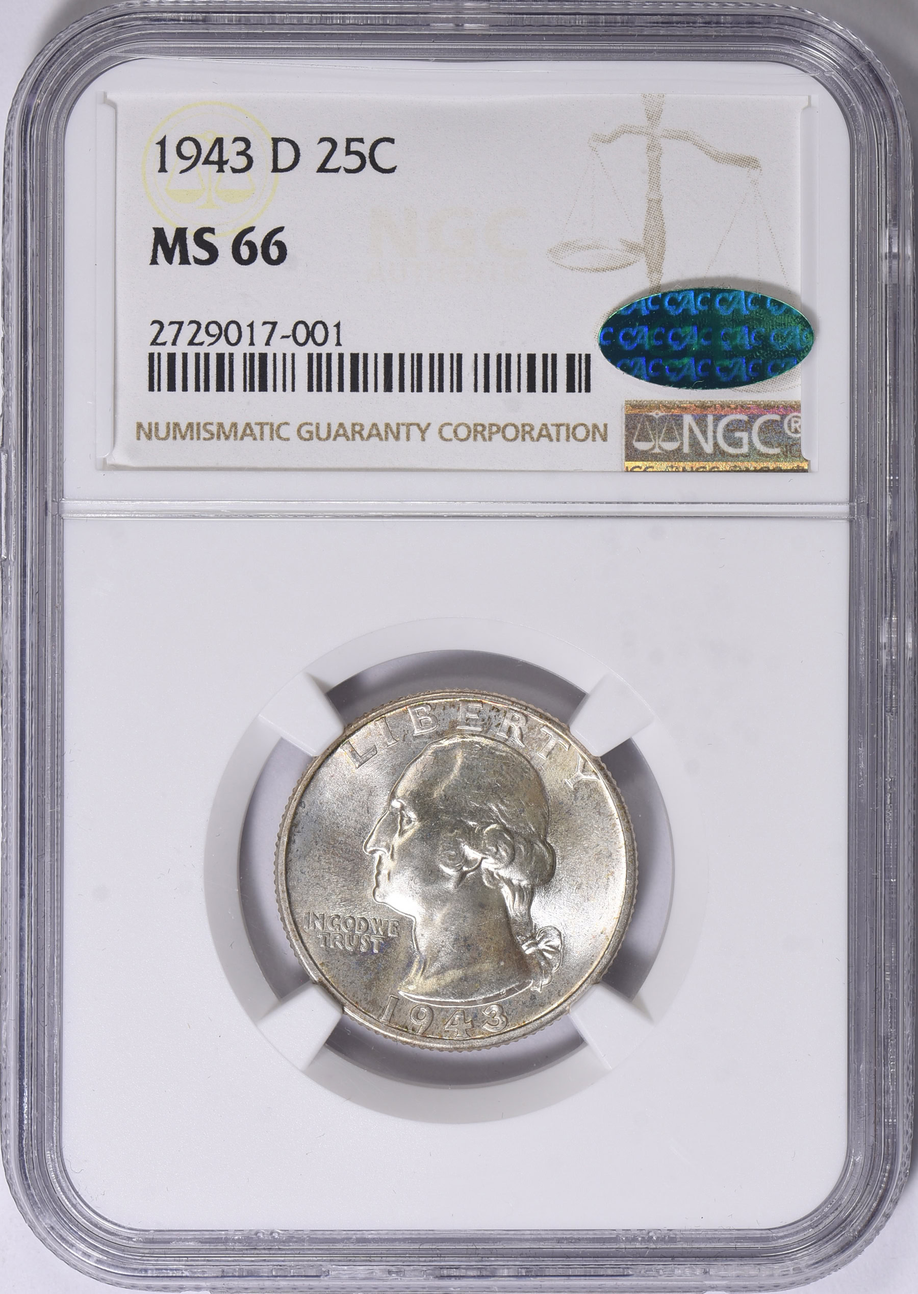 1943-D Washington Quarter NGC MS-66 (CAC Green) (Toned) (Item 1696903) | GreatCollections Coin ...