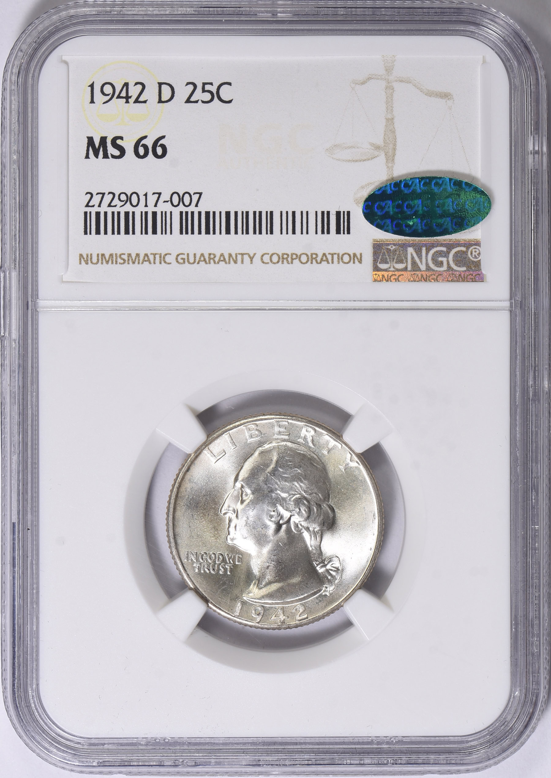 1942-D Washington Quarter NGC MS-66 (CAC Green) (Item 1696906) | GreatCollections Coin Auctions