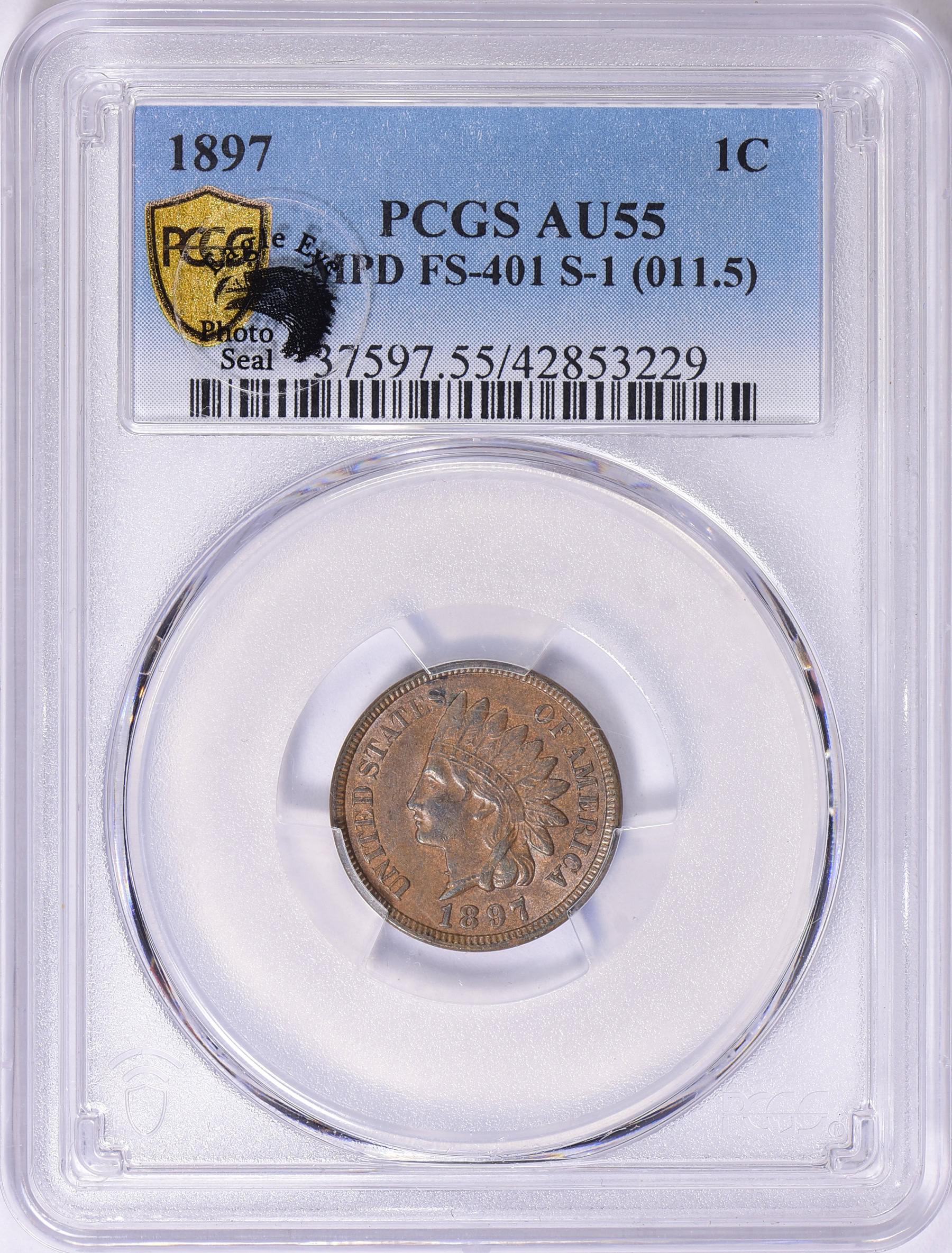 1897 Indian Cent Misplaced Digit FS-401 S-1 (011.5) PCGS AU-55 BN (Eagle Eye Seal) (Item 1696958 ...