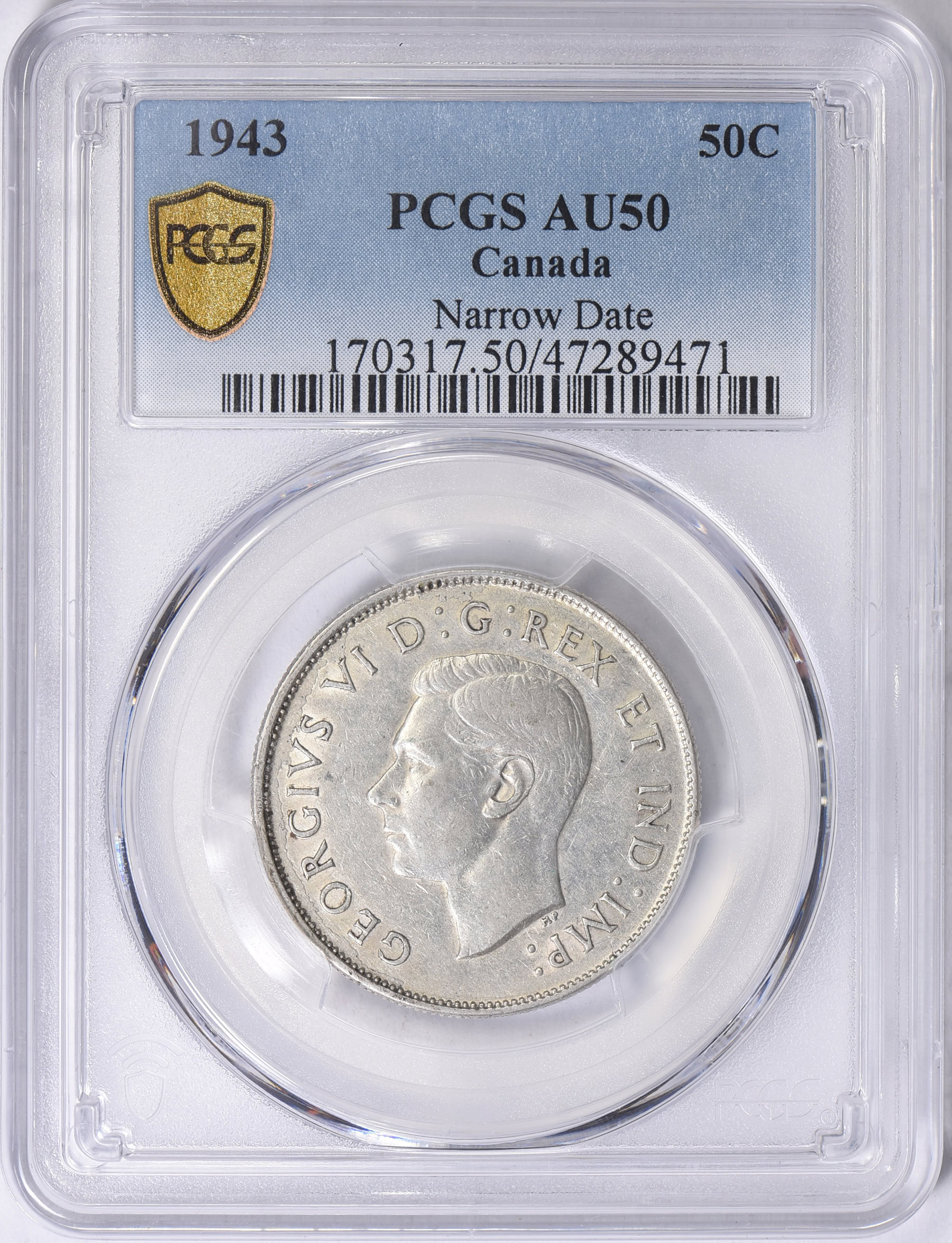 Canada 1943 Silver 50 Cents Narrow Date KM-36 PCGS AU-50 (Item 1697039) | GreatCollections Coin ...