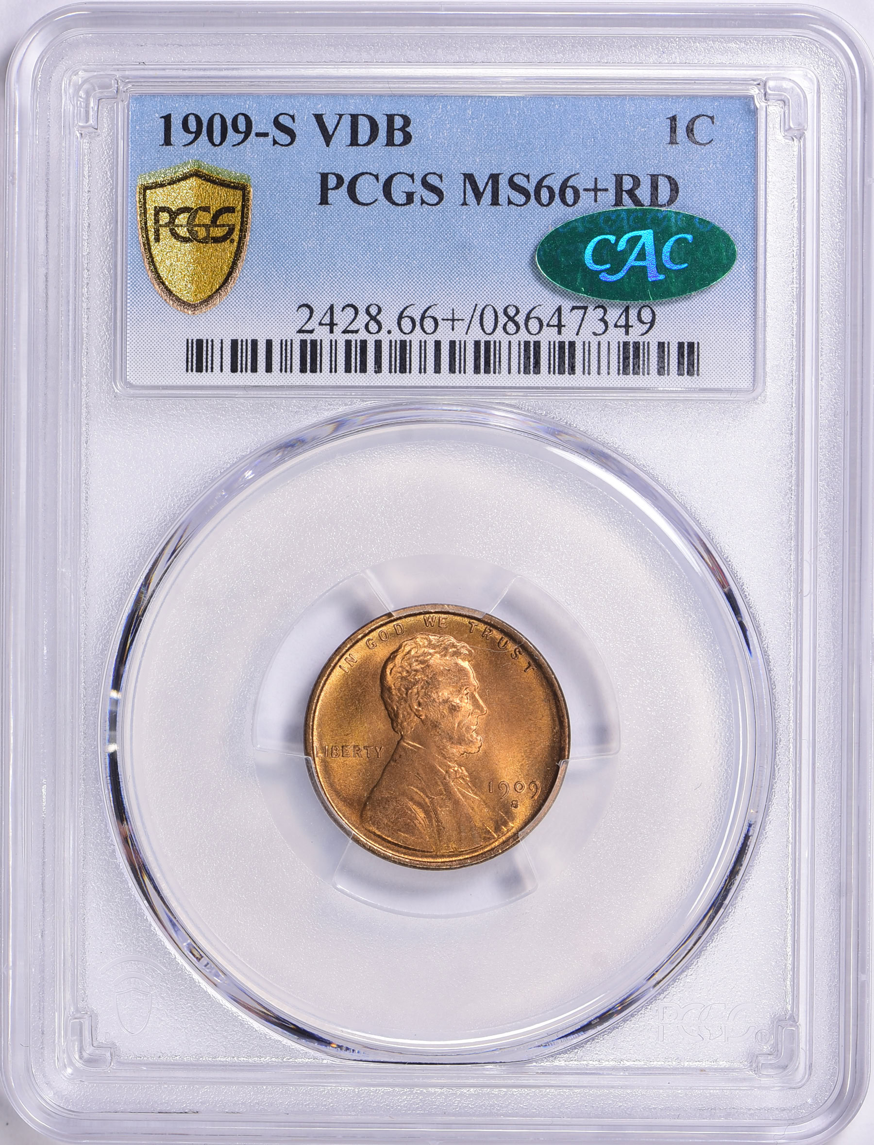 1909-S Lincoln Cent V.D.B. PCGS MS-66+ RD (CAC Green) (Item 1697080) | GreatCollections Coin ...