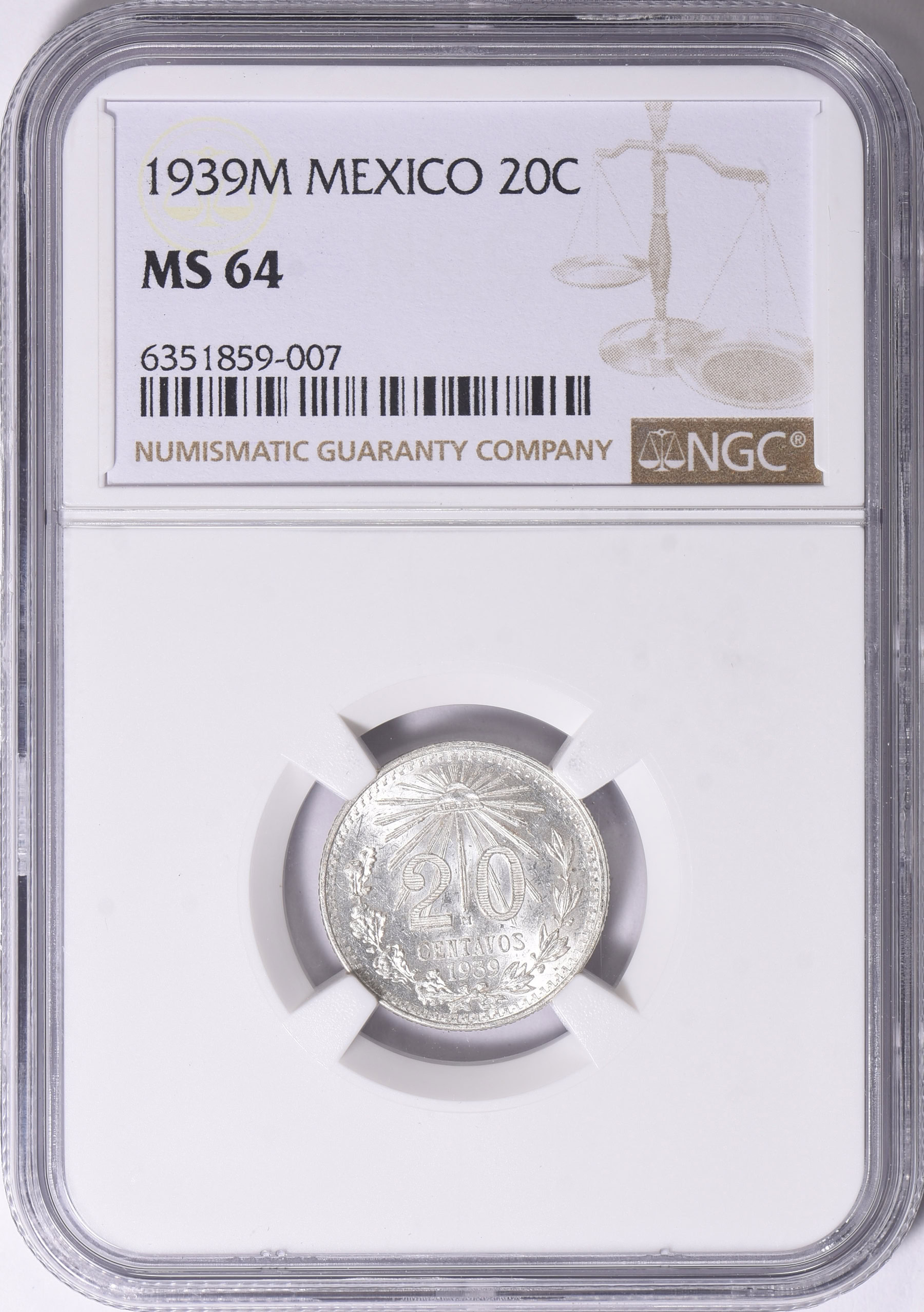 Mexico 1939-M Silver 20 Centavos KM-438 NGC MS-64 (Item 1697085 ...