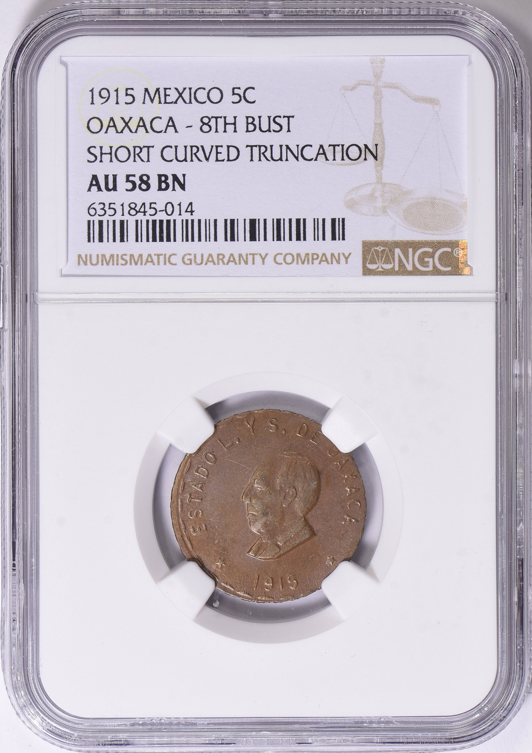 Mexico - Oaxaca 1915 5 Centavos 8th Bust Short Curved Truncation KM-721 ...