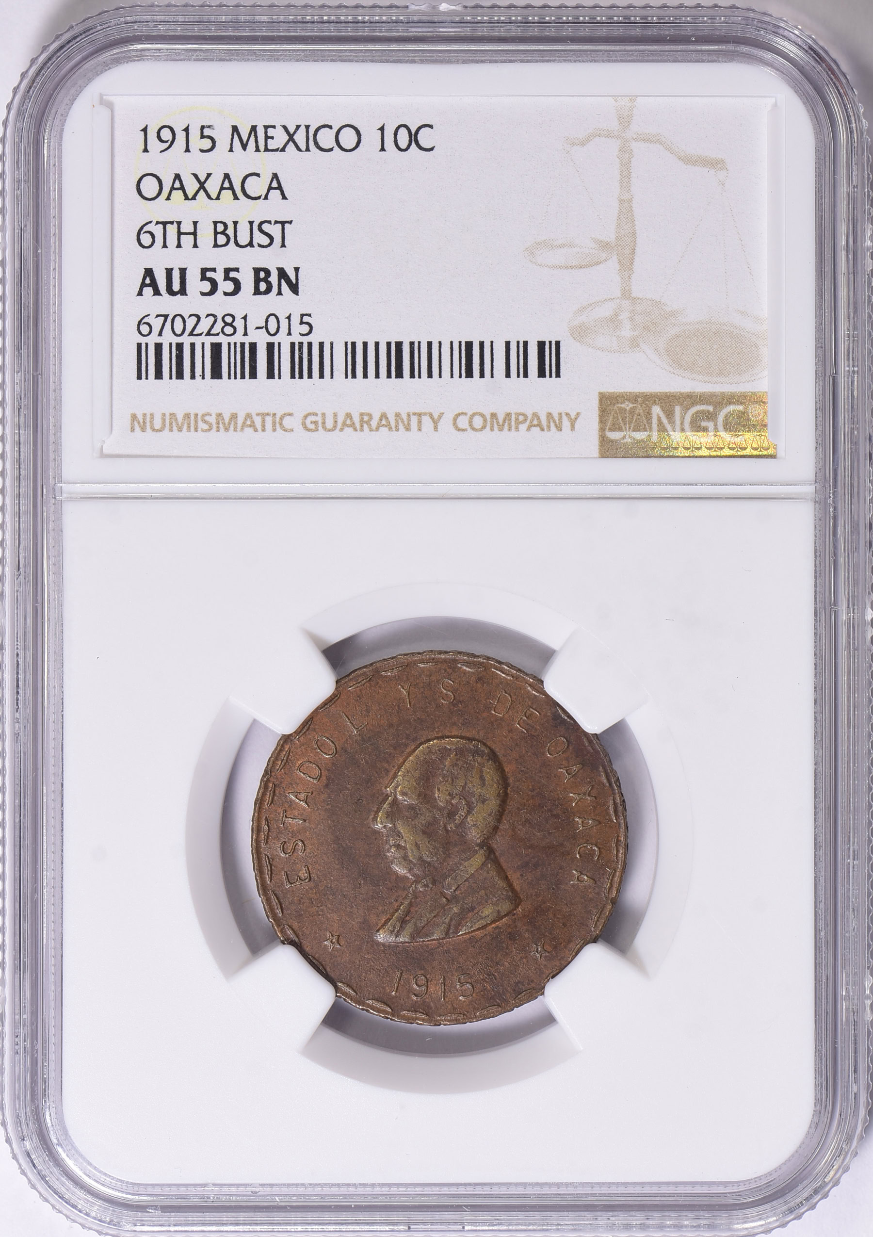 Mexico - Oaxaca 1915 10 Centavos 6th Bust KM-727.1 NGC AU-55 BN (Item ...
