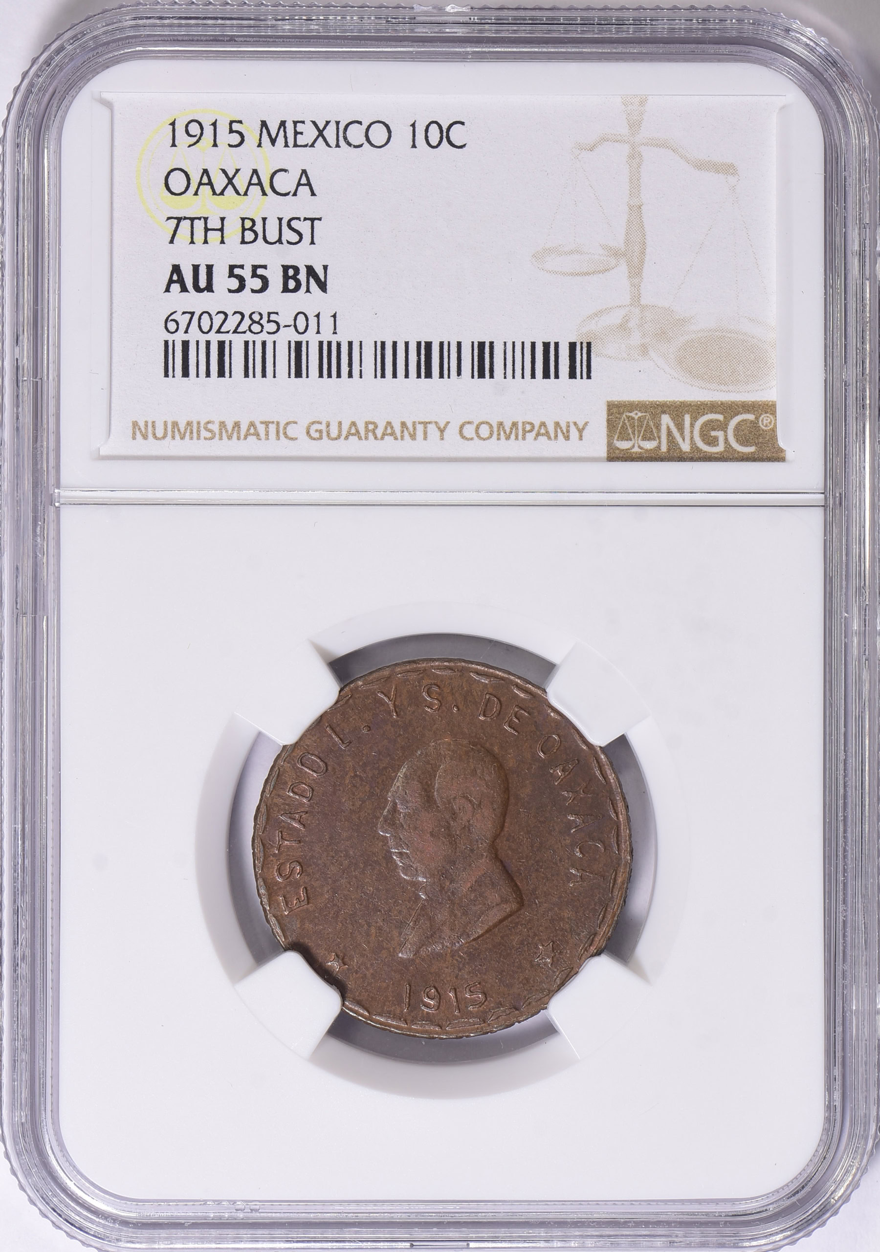 Mexico - Oaxaca 1915 10 Centavos 7th Bust KM-727.1 NGC AU-55 BN (Item ...