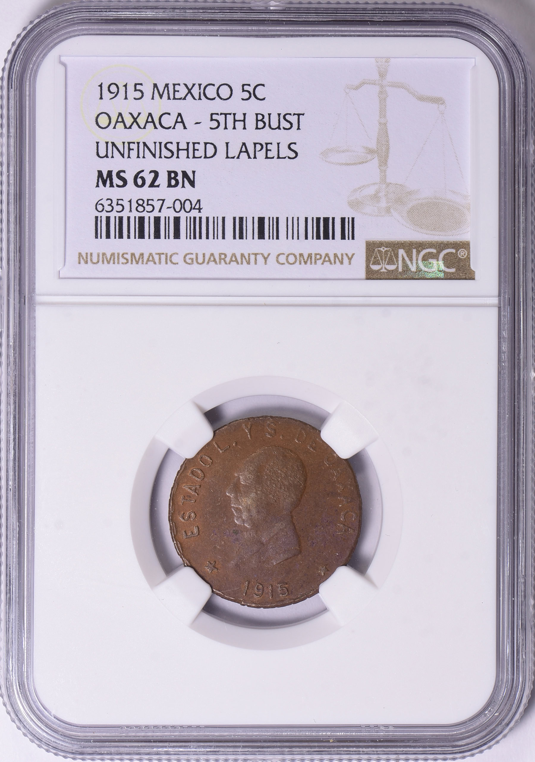 Mexico - Oaxaca 1915 5 Centavos 5th Bust Unfinished Lapels KM-718 NGC ...