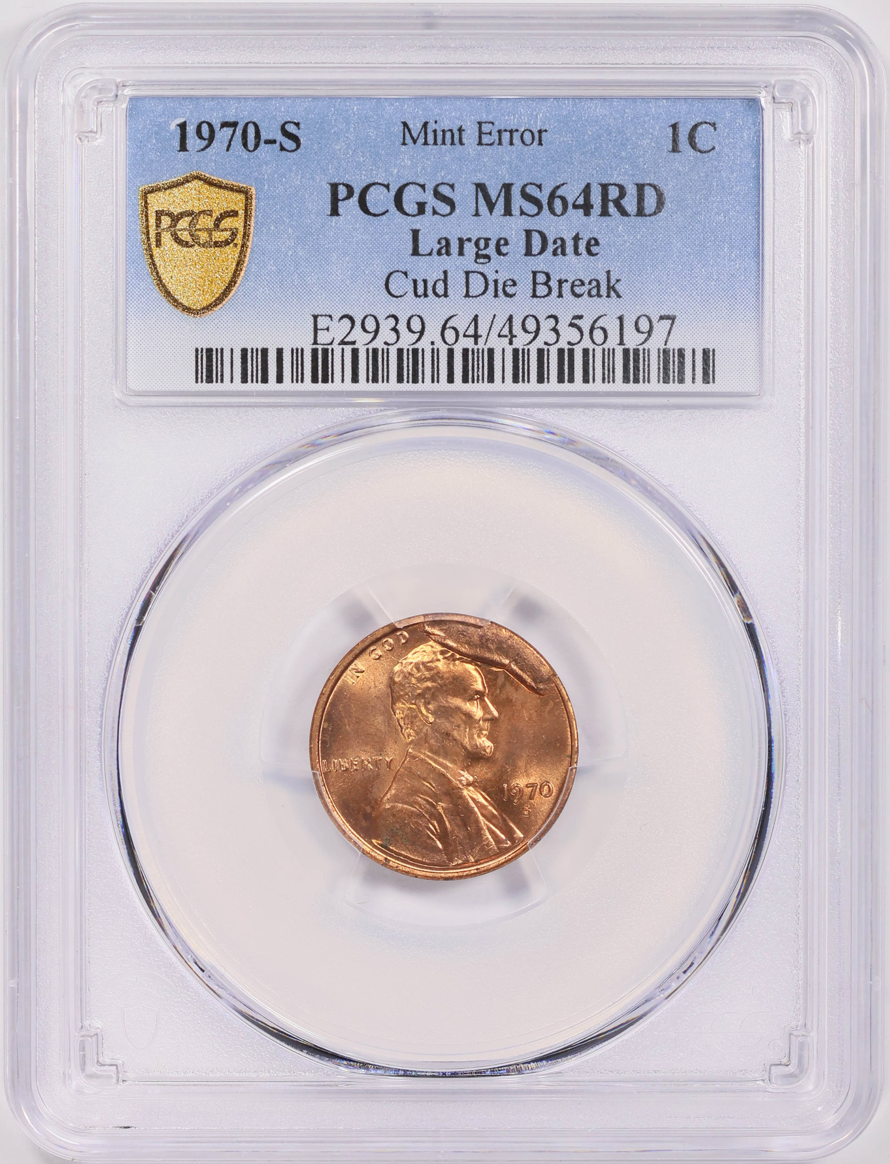 Mint Error 1970-S Lincoln Cent Large Date Cud Die Break PCGS MS-64 RD ...