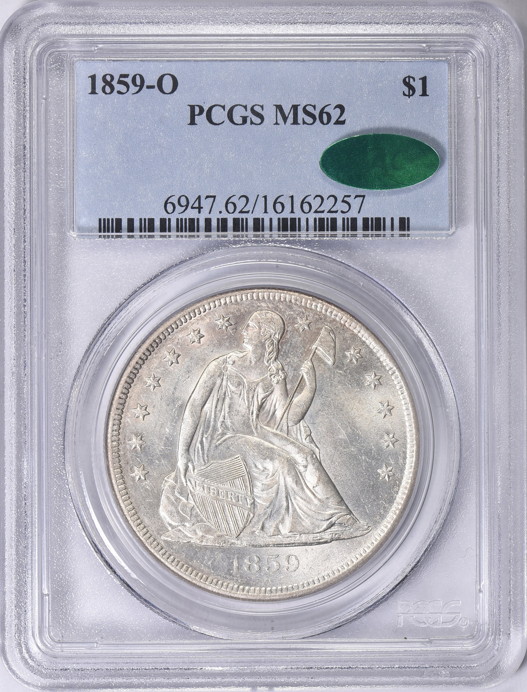 1859-O Seated Liberty Silver Dollar PCGS MS-62 (CAC Green) (Item 1697310) | GreatCollections ...