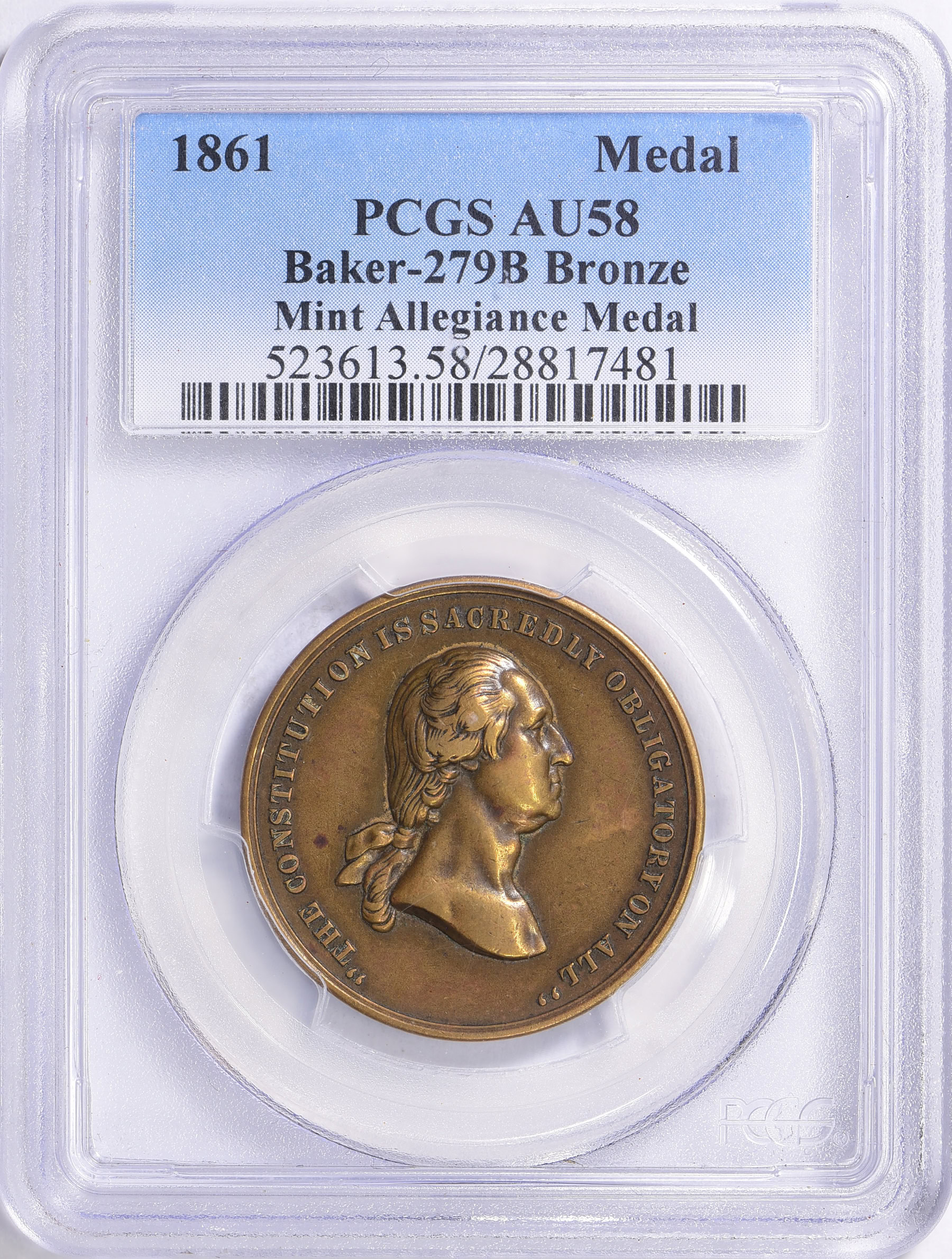 1861 Bronze 30mm George Washington Mint Allegiance Medal Baker-279B ...