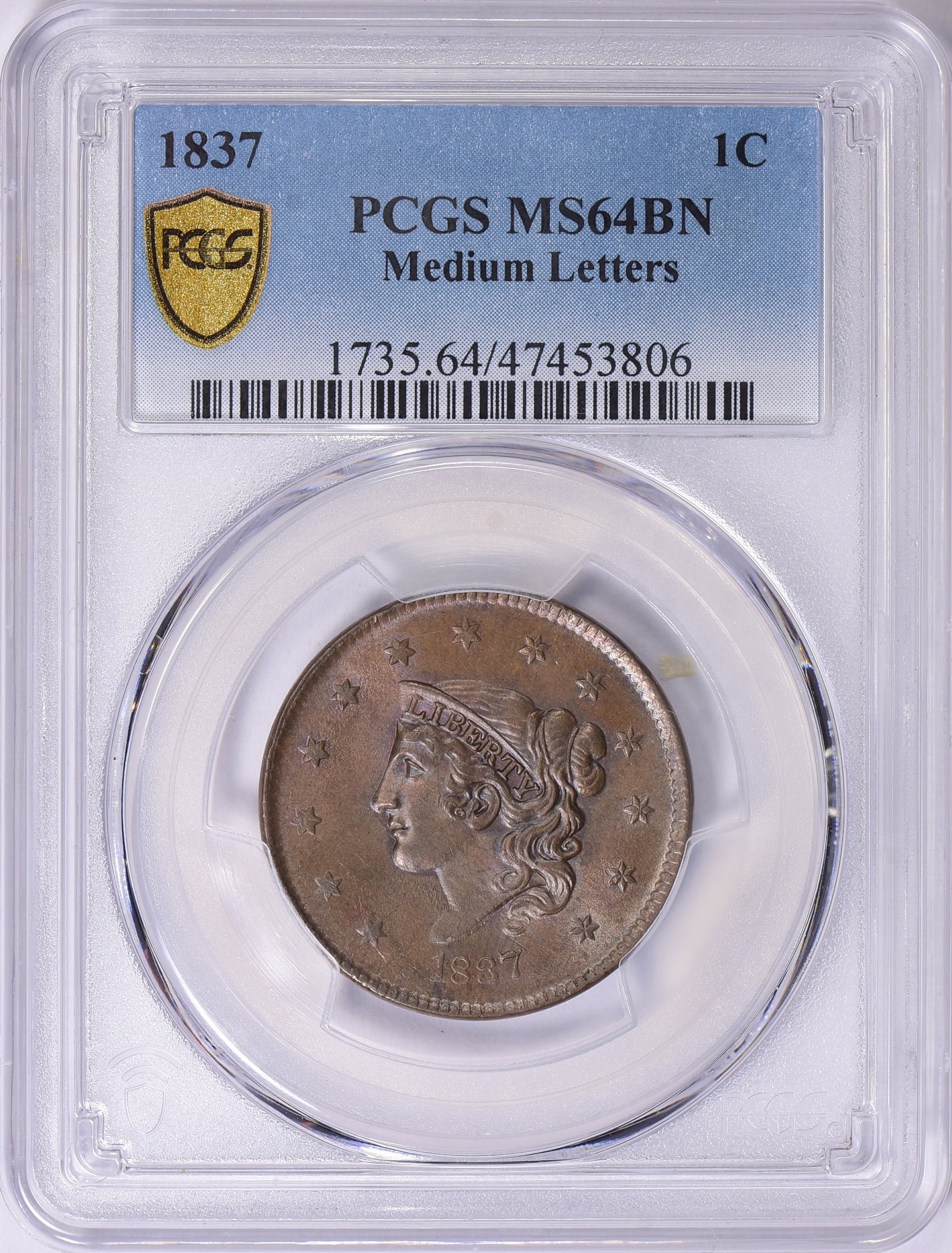 1837 Matron Cent Medium Letters PCGS MS-64 BN (Item 1697496 ...