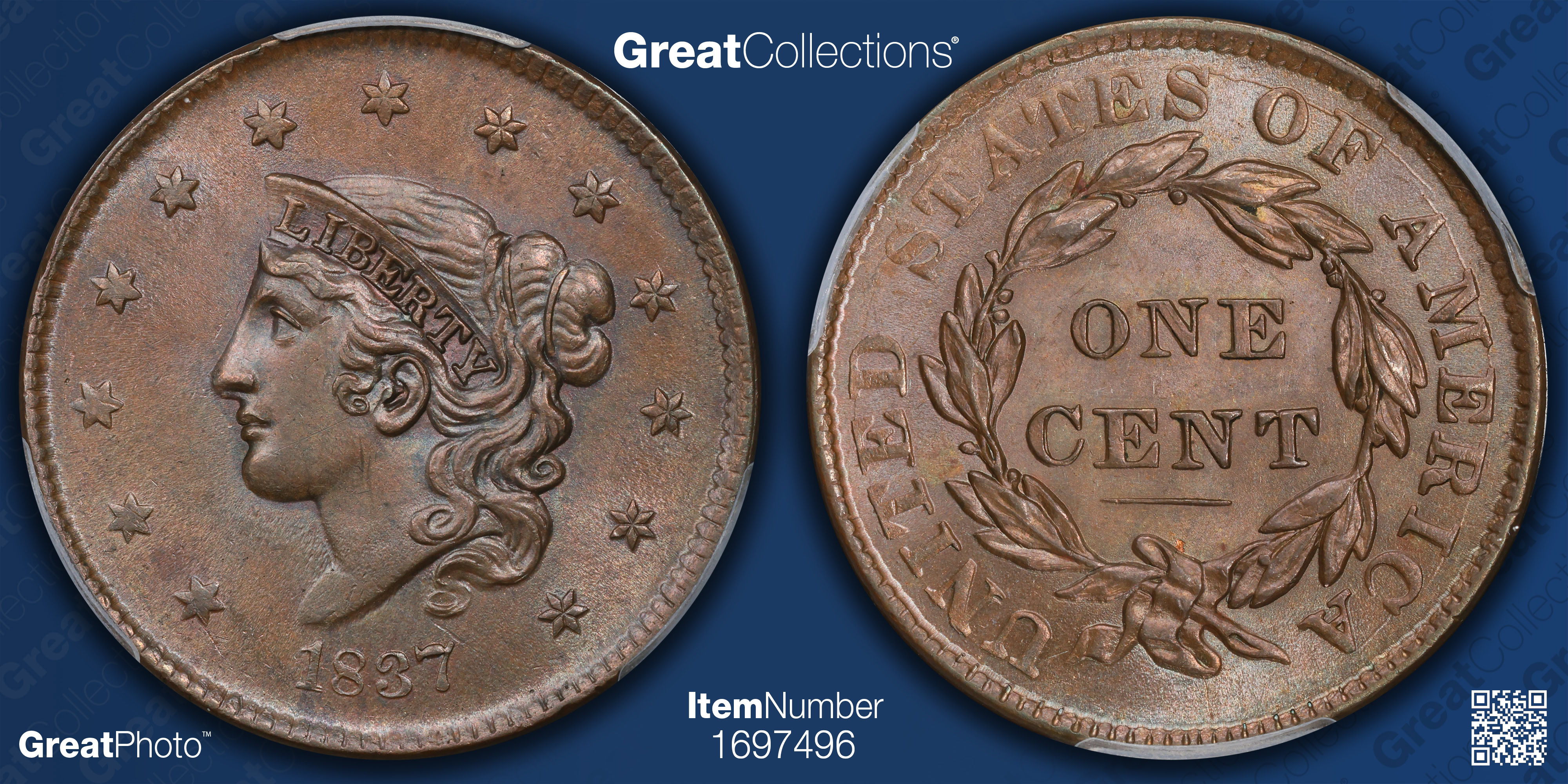 1837 Matron Cent Medium Letters PCGS MS-64 BN (Item 1697496 ...