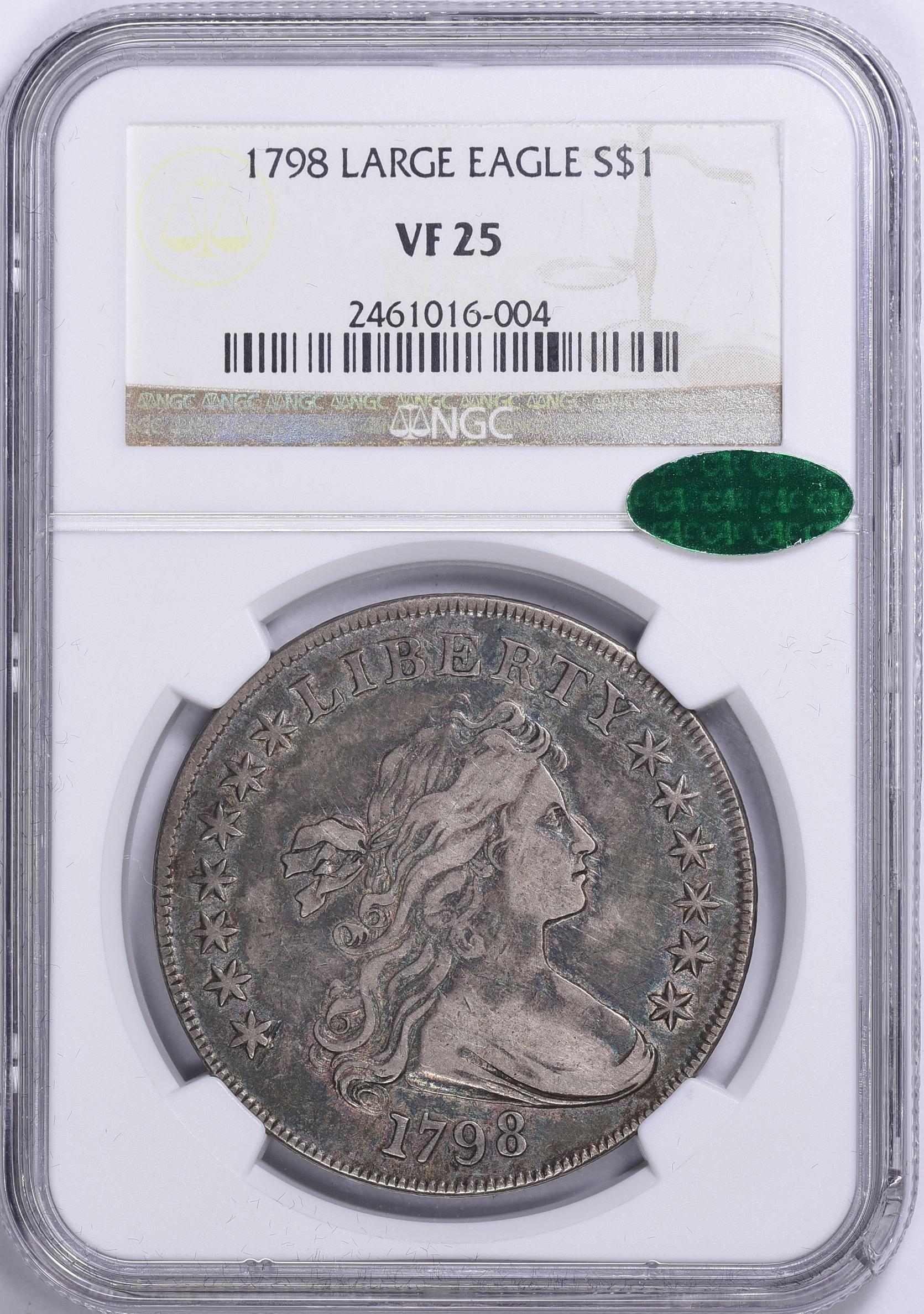 1798 Draped Bust Silver Dollar Large Eagle NGC VF-25 (CAC Green) (Toned) (Item 1697555 ...