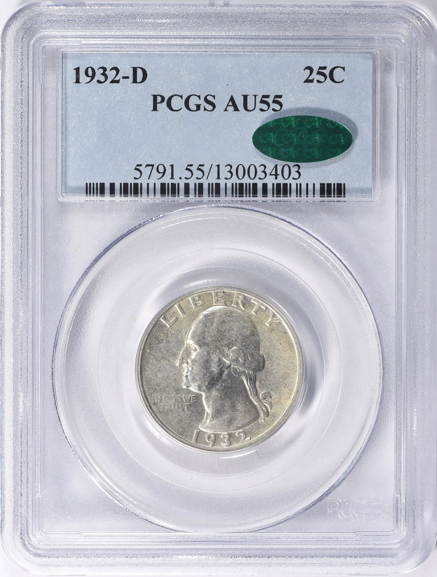 1932-D Washington Quarter PCGS AU-55 (CAC Green) (Item 1697587) | GreatCollections Coin Auctions