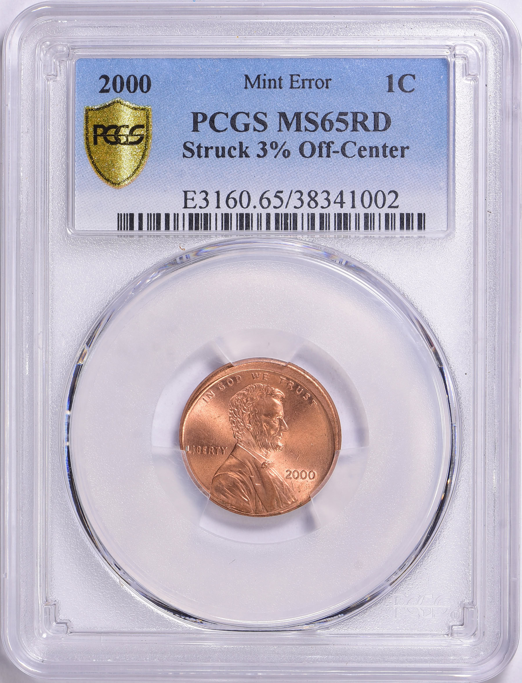 Mint Error 2000 Lincoln Cent Struck 3% Off Center PCGS MS-65 RD | PCGS Cert #38341002 ...